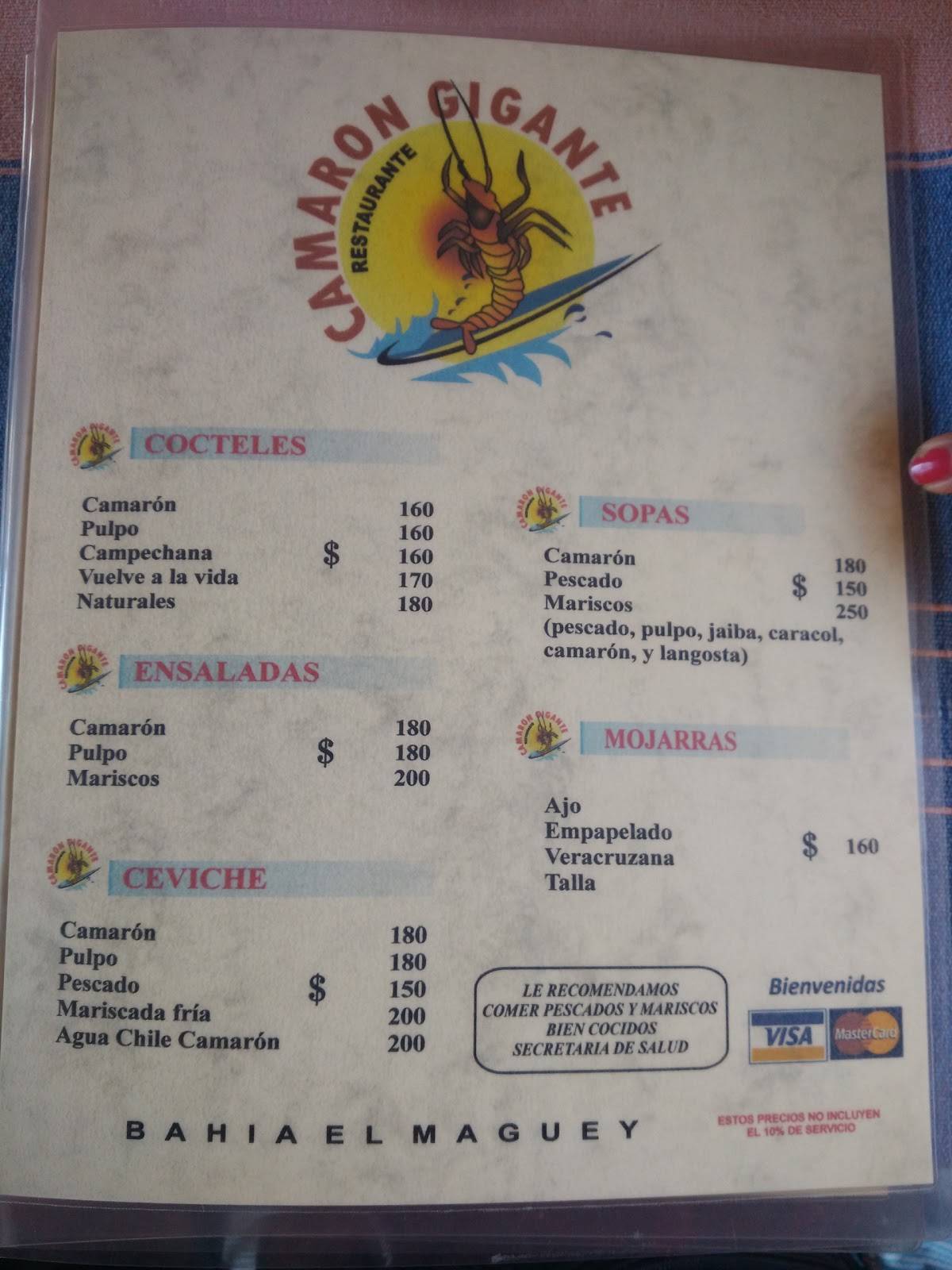 Carta del restaurante El Camarón Gigante, Crucecita, Manzana B