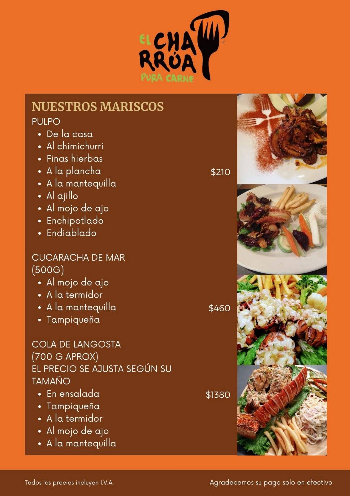 Carta de parrilla El Charrua Pura Carne, Oaxaca