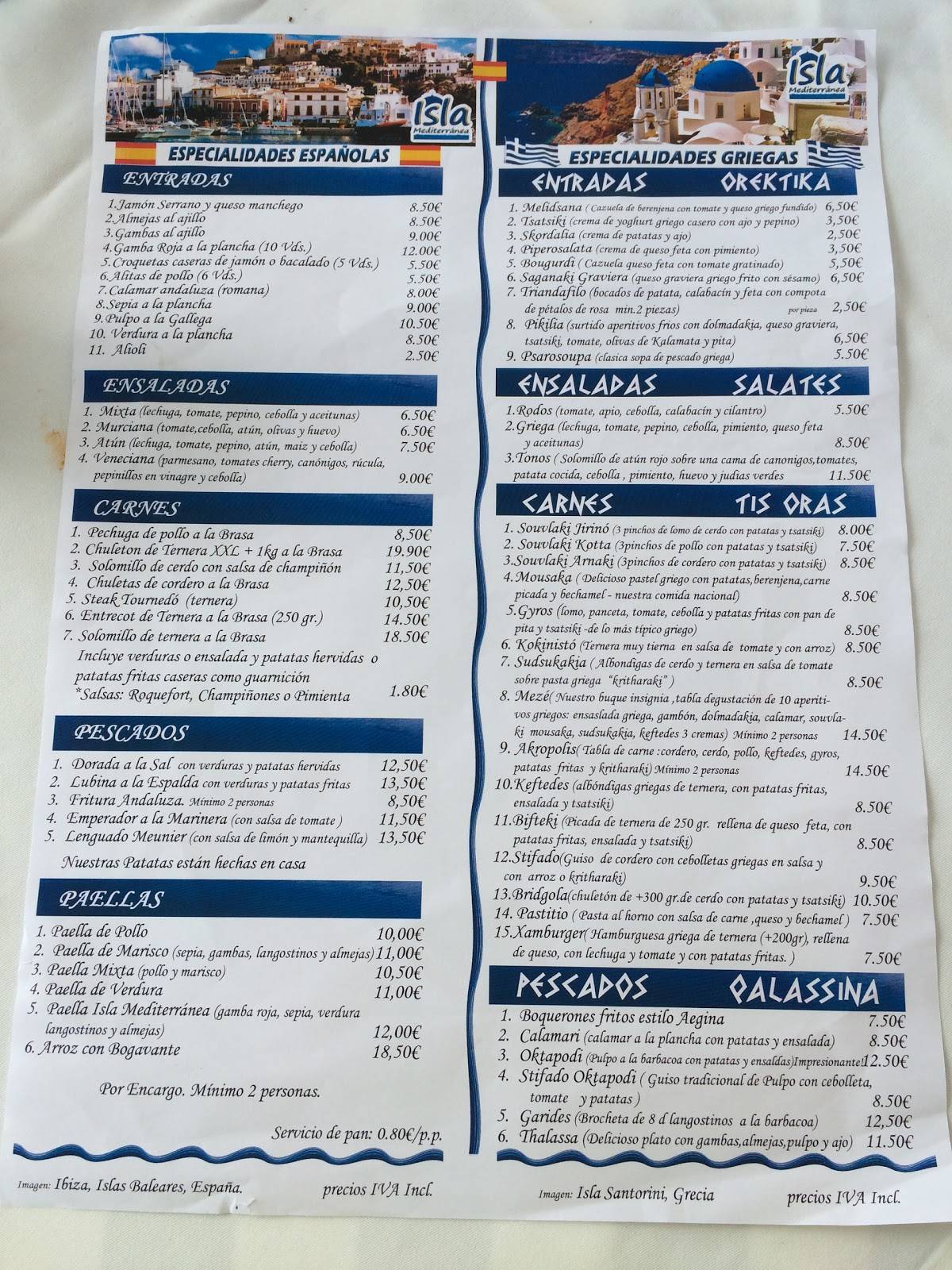 Carta del restaurante El Griego, Mil Palmeras