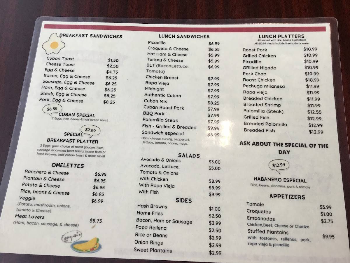 Menu at El Habanero Cafe Cubano, Key West
