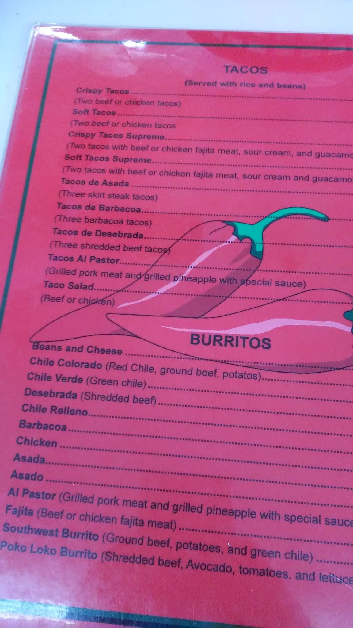 Menu at El Poko Loko restaurant, Clinton