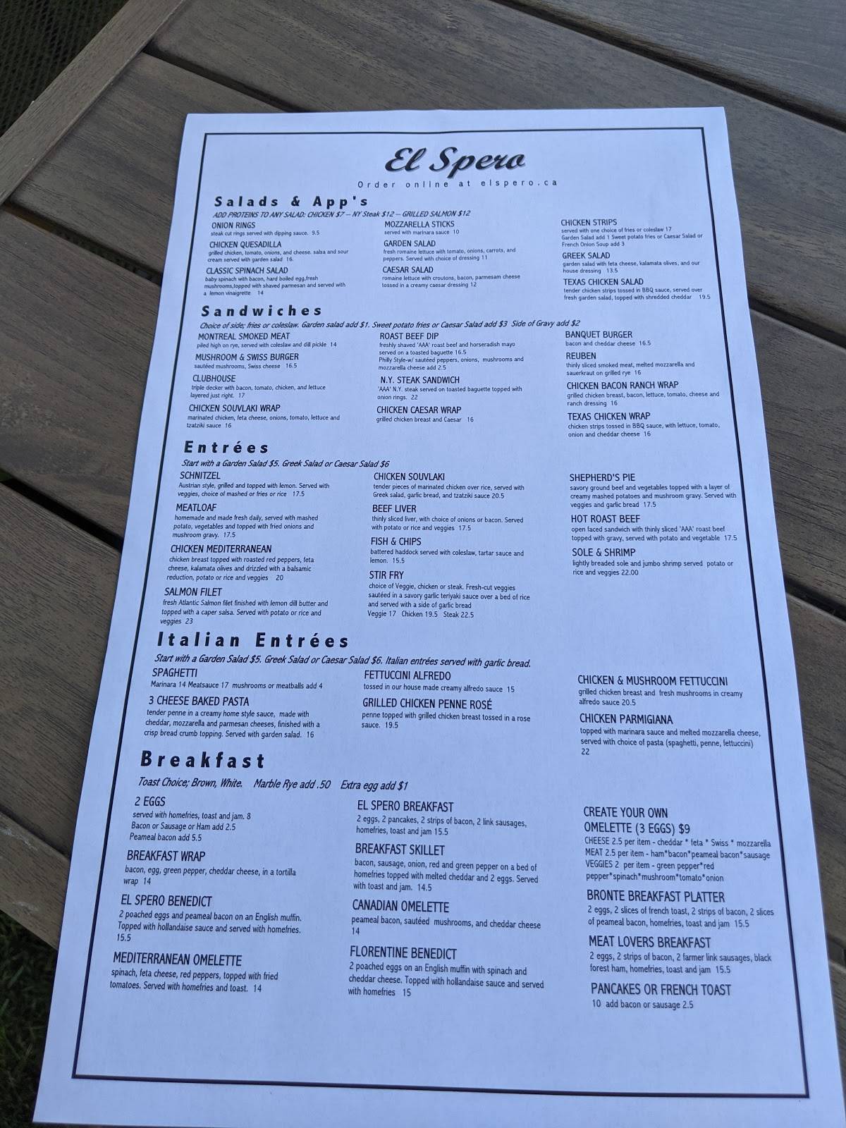 Menu at El Spero restaurant, Oakville