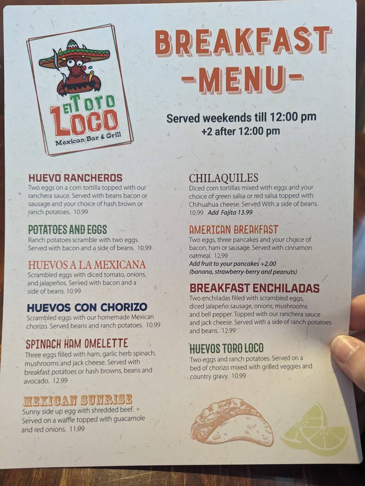 Menu at El Toro Loco restaurant, Memphis, Poplar Ave