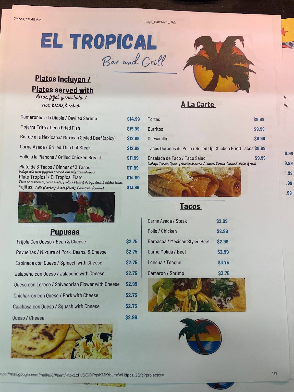 Menu at El Tropical Bar and Grill, Monticello