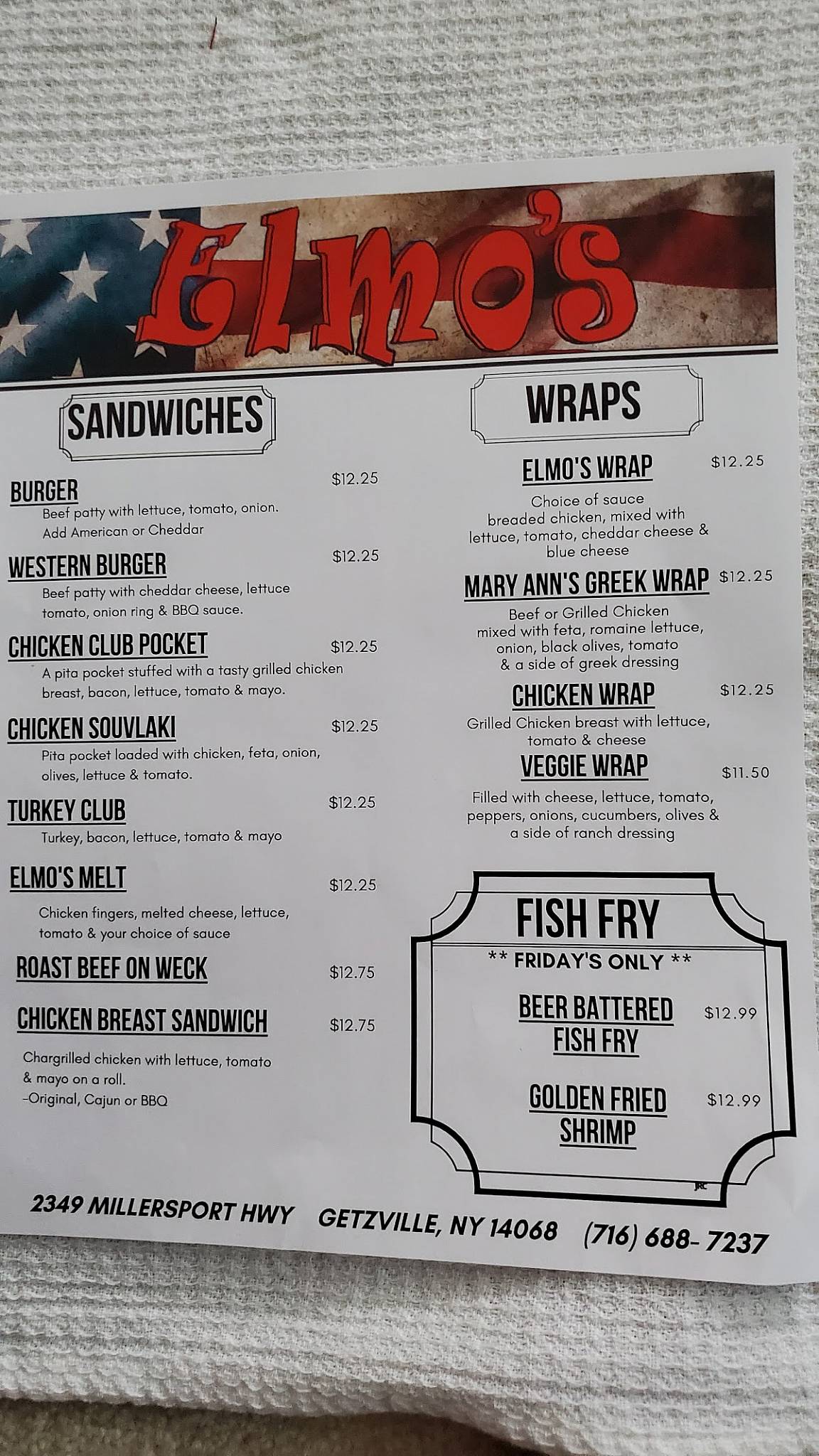 Menu at ELMO'S RESTAURANT & BAR, Getzville