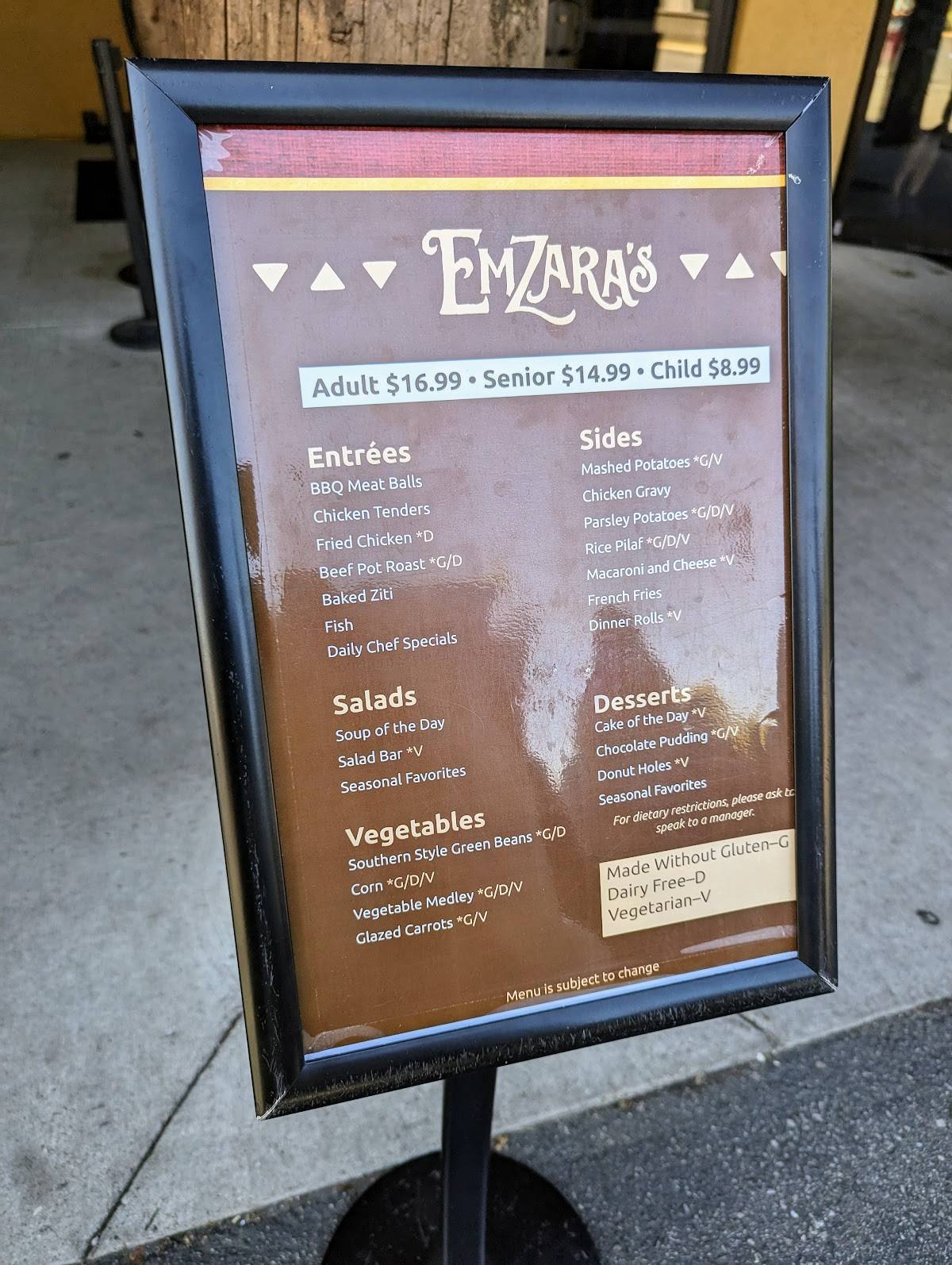 Menu at Emzara's Buffet restaurant, Williamstown, 1 Ark Encounter Dr