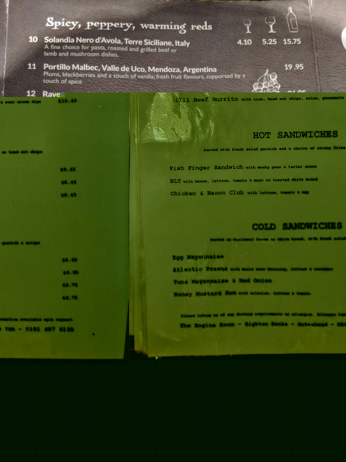 Menu at Engine Room pub & bar, Gateshead