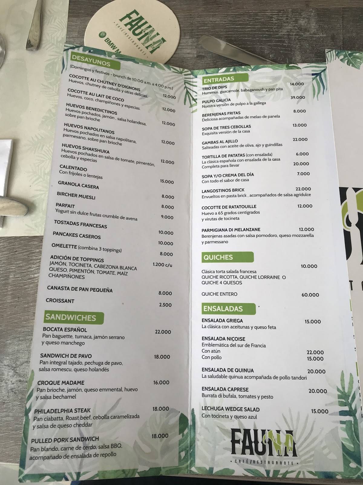 Carta de FAUNA Restaurante Cafe, Ibagué