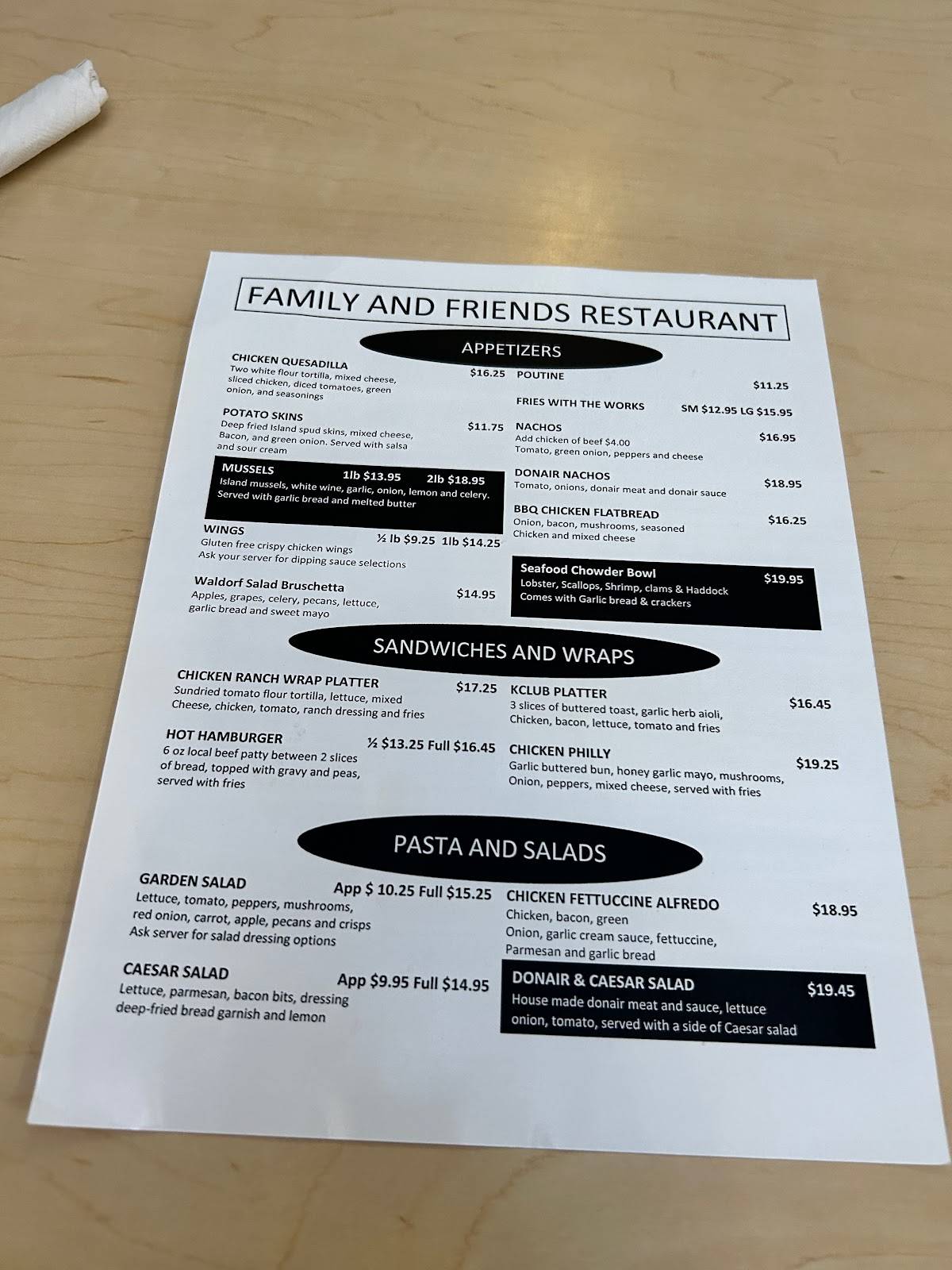 Menu at Family And Friends Restaurant, Kensington, 45 Broadway St N