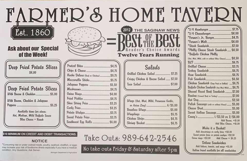 Menu at Farmers Home Tavern pub & bar, Hemlock