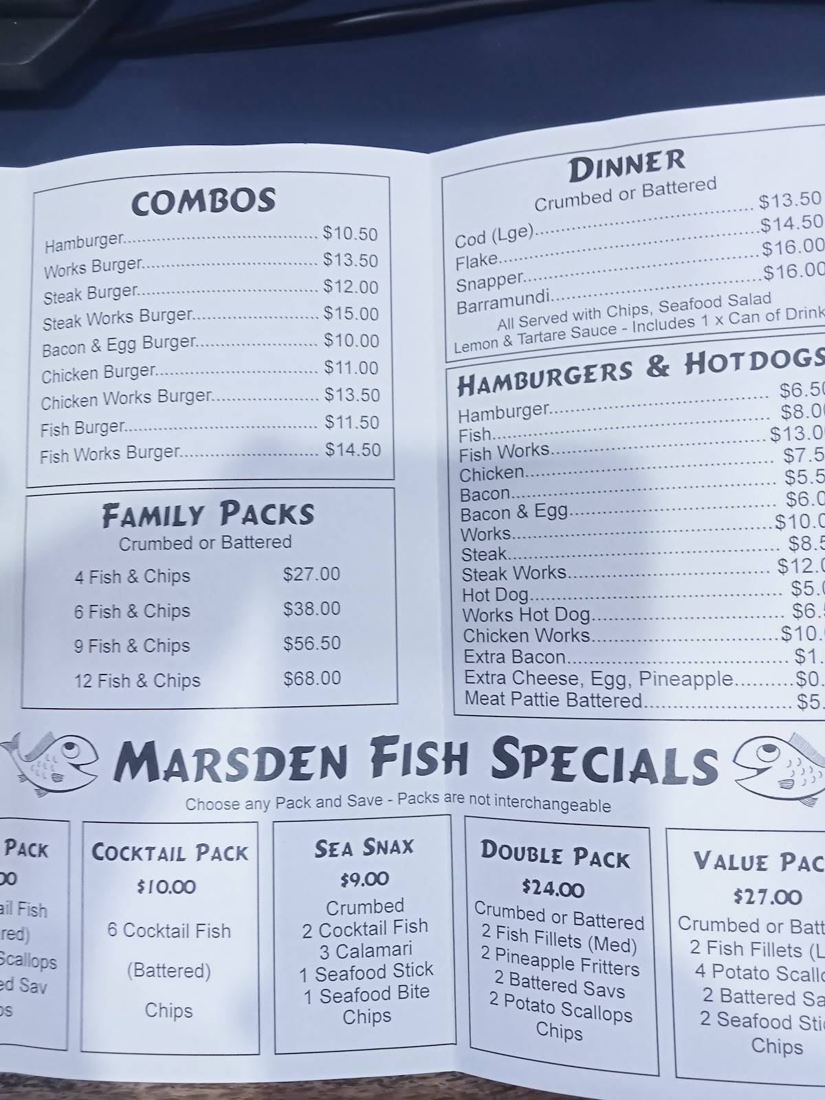 Menu at Marsden Fish & Takeaways fast food, Marsden