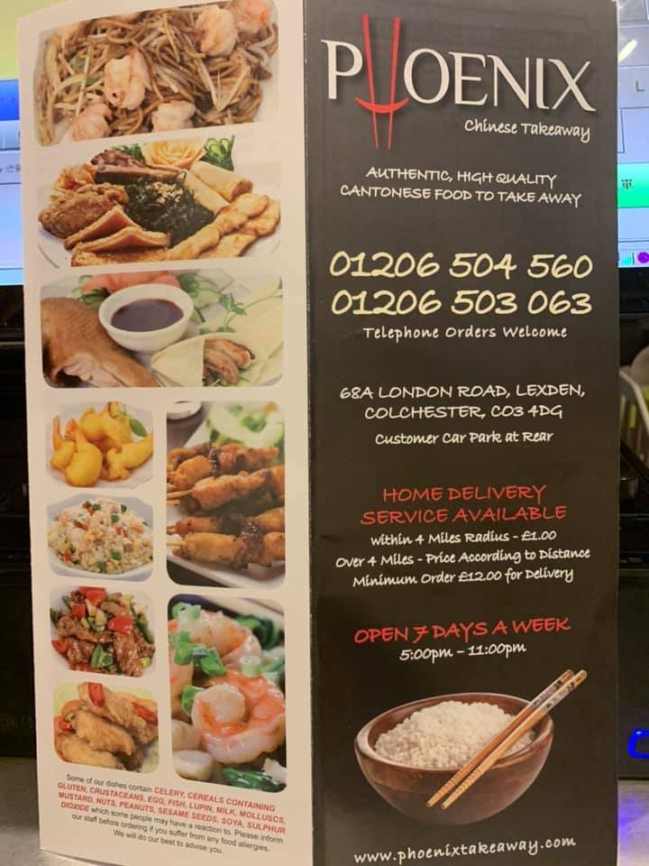 Menu at Phoenix Chinese Takeaway & Delivery fast food, Colchester