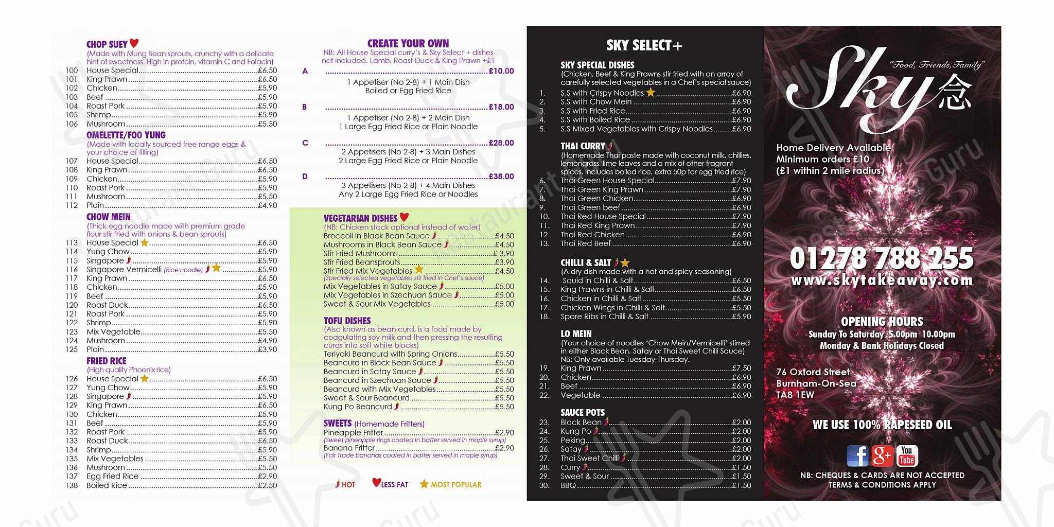 Menu at Sky Chinese Takeaway pub & bar, Burnham-on-Sea