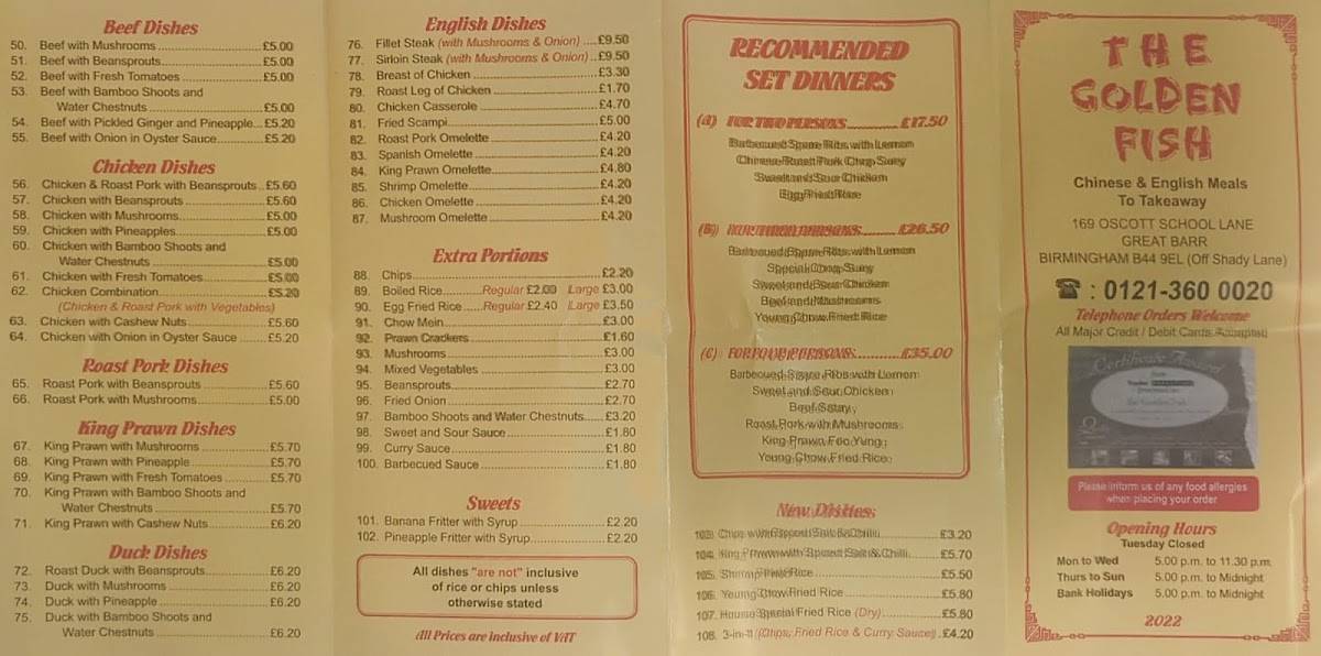 Menu at The Golden Fish fast food, Birmingham, 169 Oscott School Ln