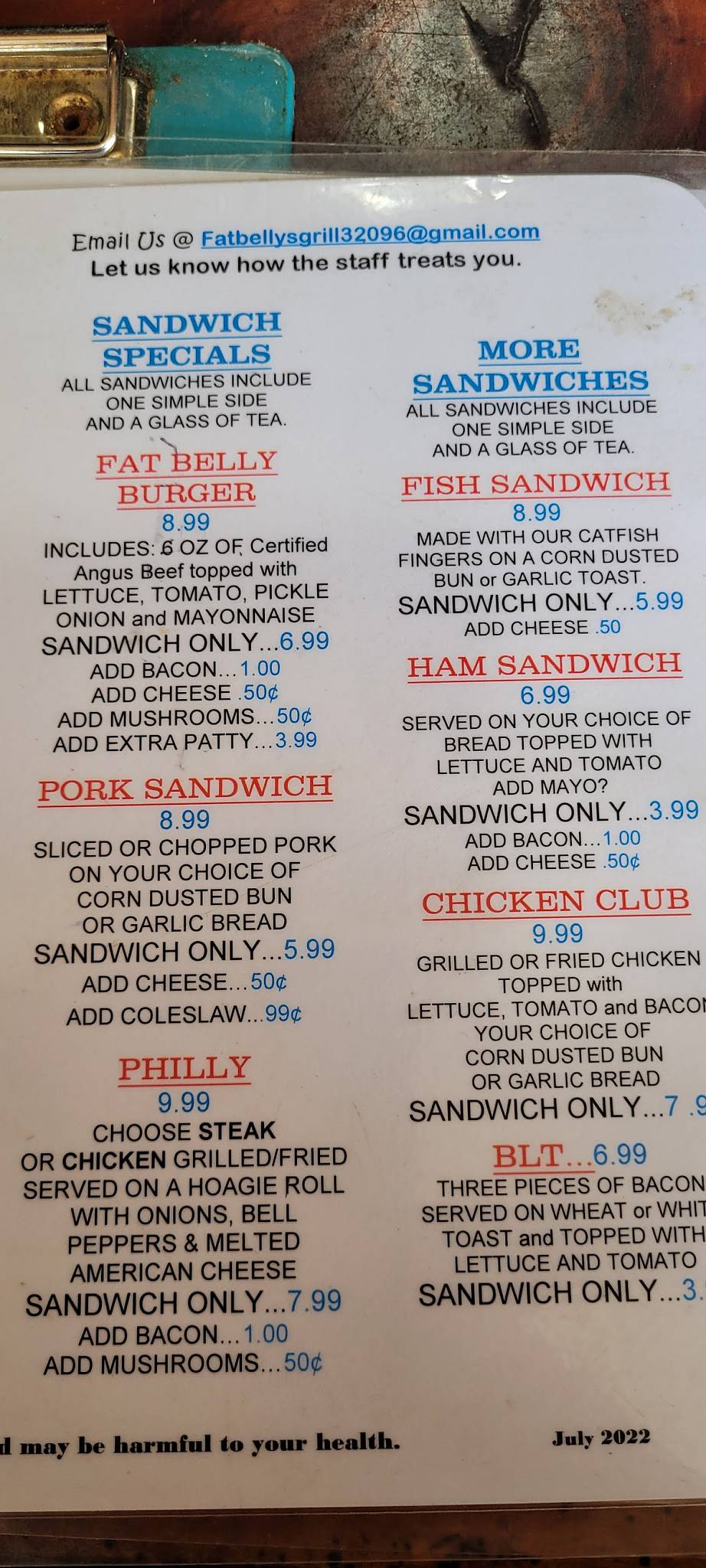 Menu at Fat Belly's BBQ, White Springs