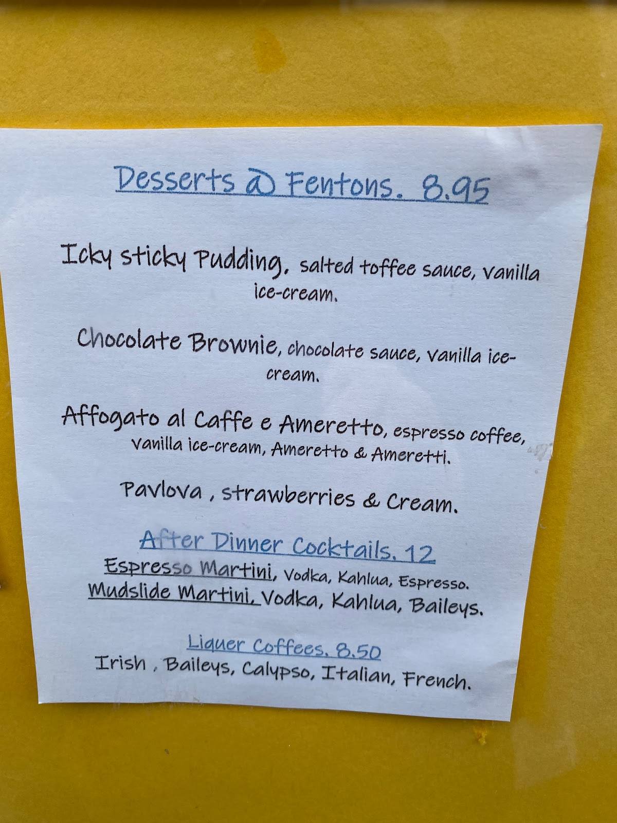Menu at Fenton's of Dingle restaurant, Dingle