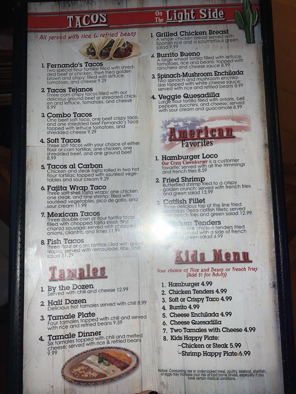 Menu at Fernando's Fajita Factory restaurant, Magee
