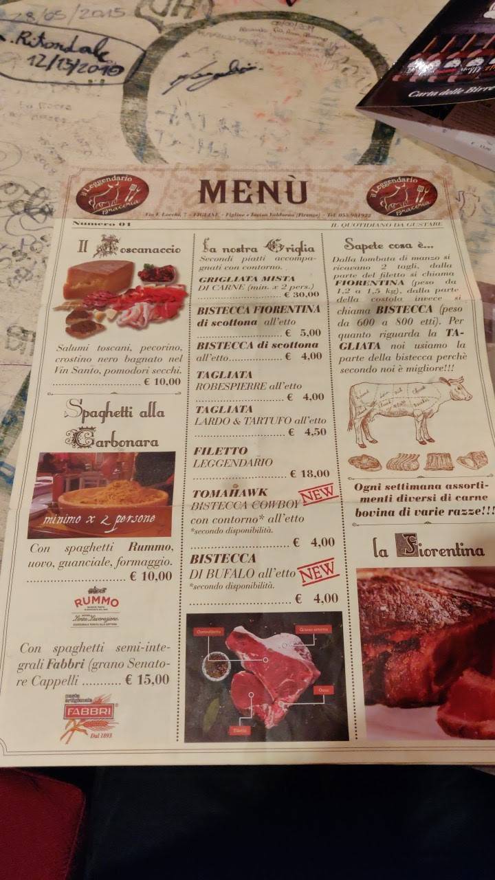 Menu da Braceria il Leggendario ristorante, Figline Valdarno