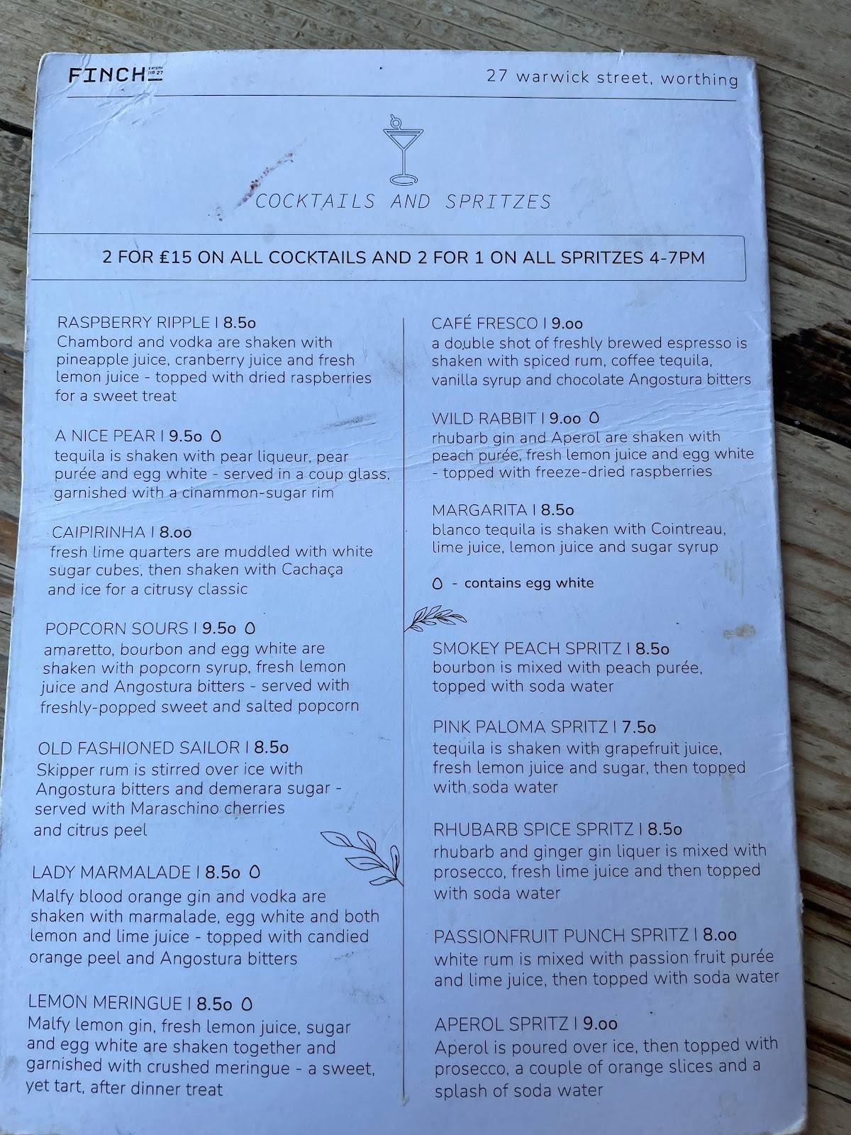 Menu at Finch Bar & Eatery, Worthing