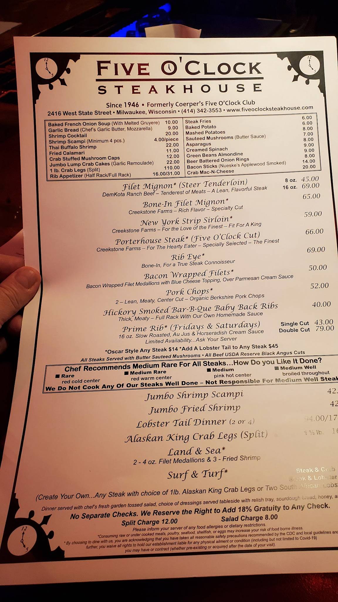 Menu at Five O'Clock Steakhouse, Milwaukee
