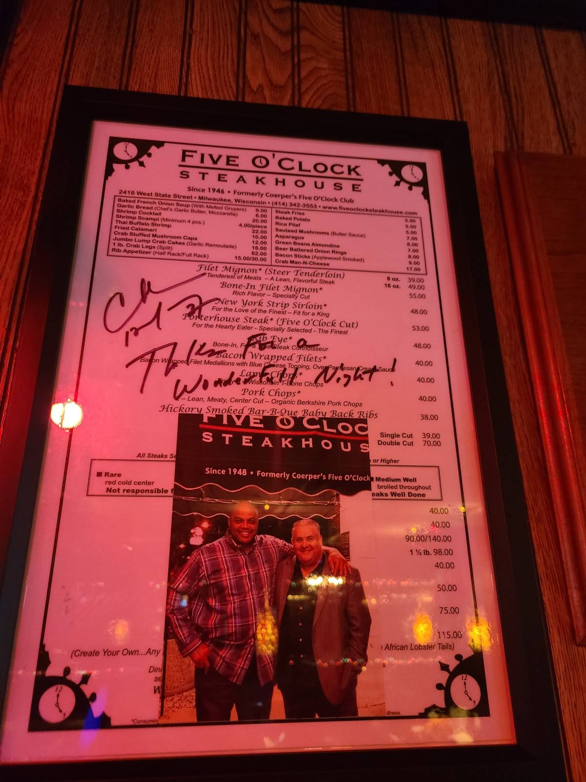 Menu at Five O'Clock Steakhouse, Milwaukee
