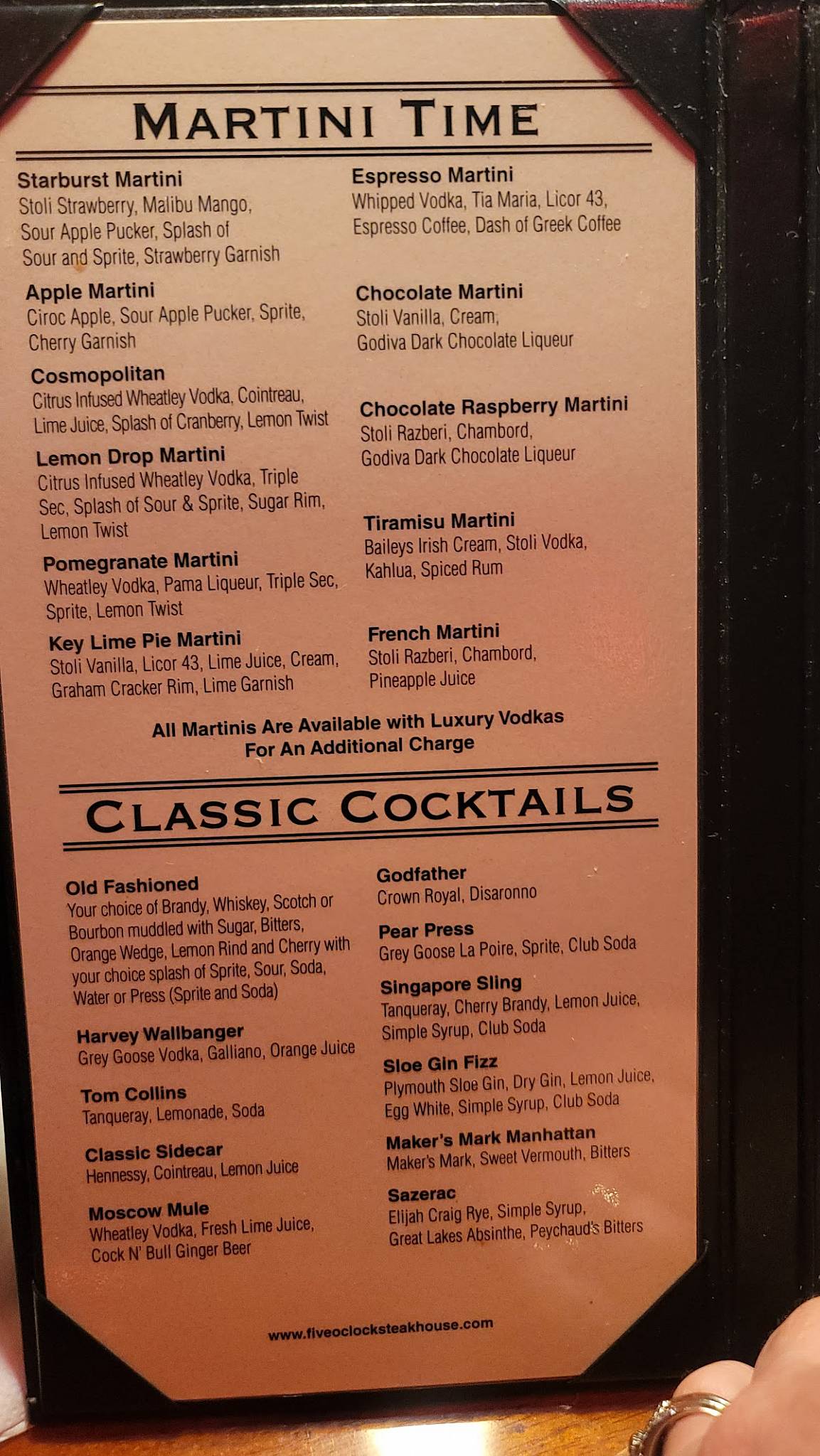 Menu at Five O'Clock Steakhouse, Milwaukee