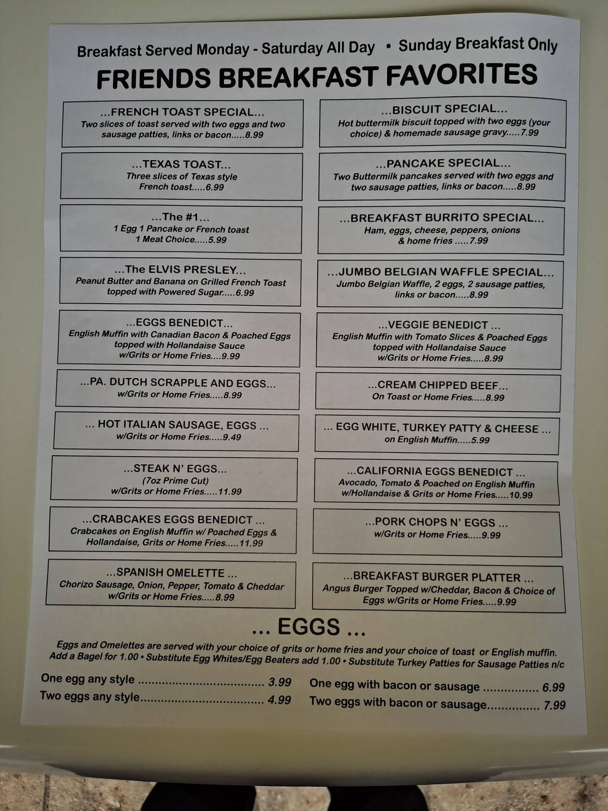 Menu at Friend's Cafe, Flagler Beach