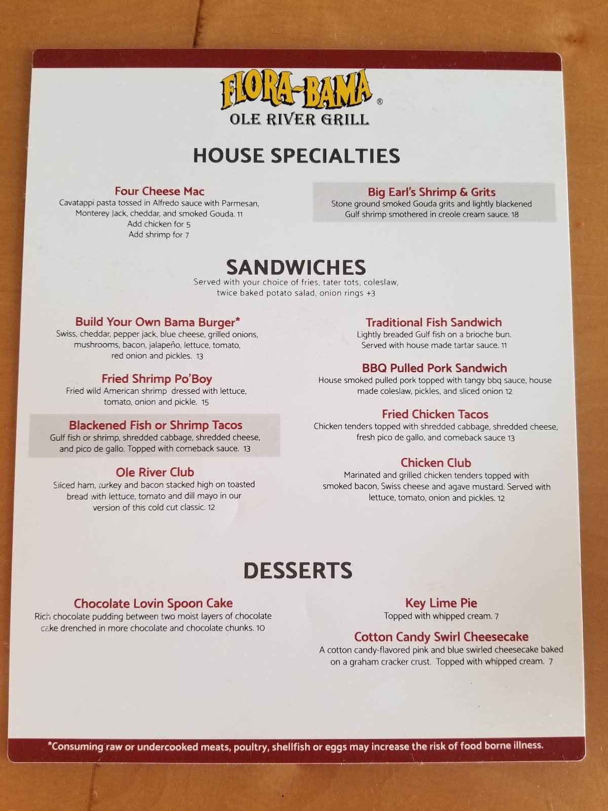 Menu at Flora-Bama Ole River Grill pub & bar, Perdido Key