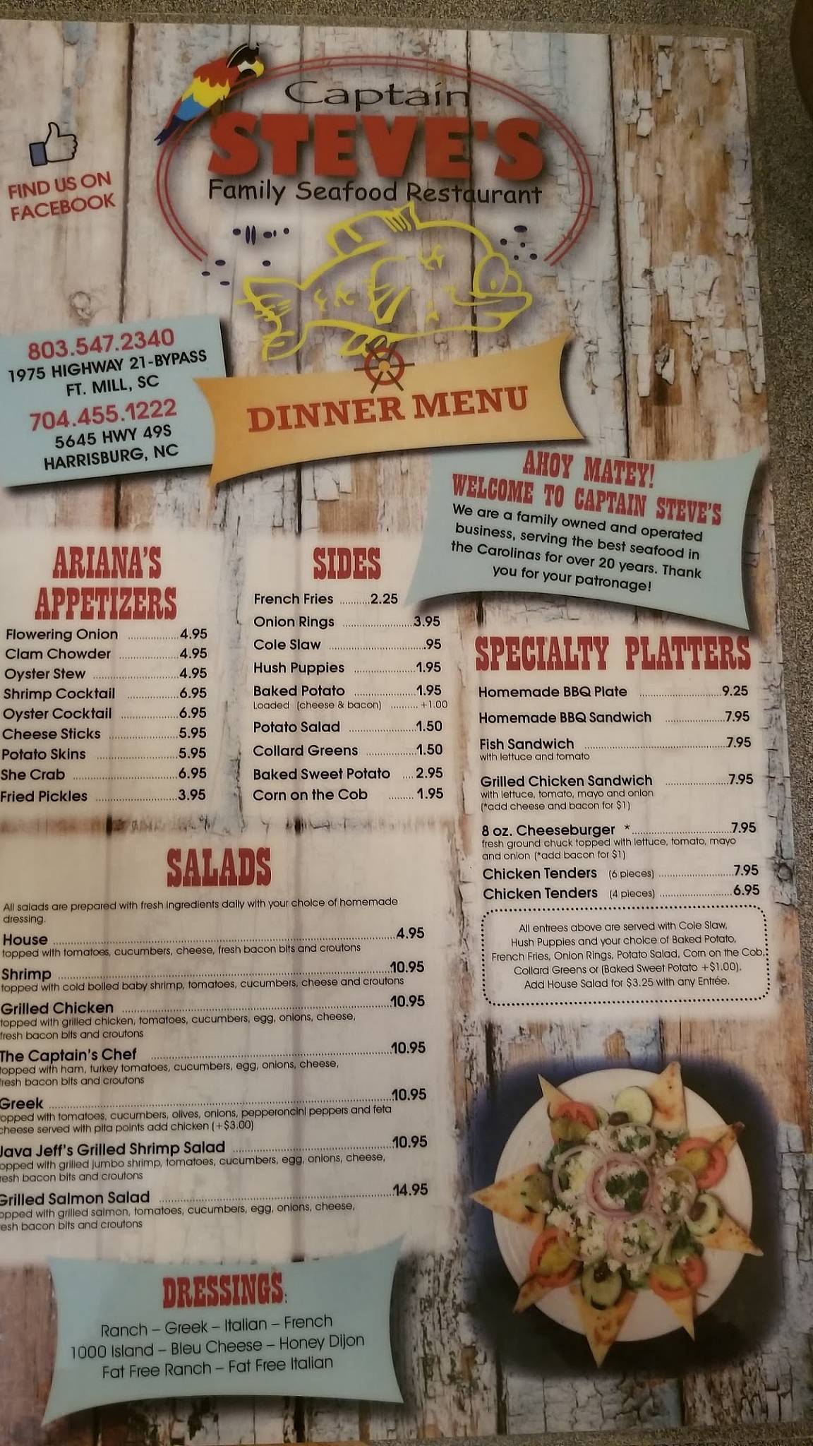 Menu at Captain Steve's Family Seafood Restaurant in Fort Mill, SC ...