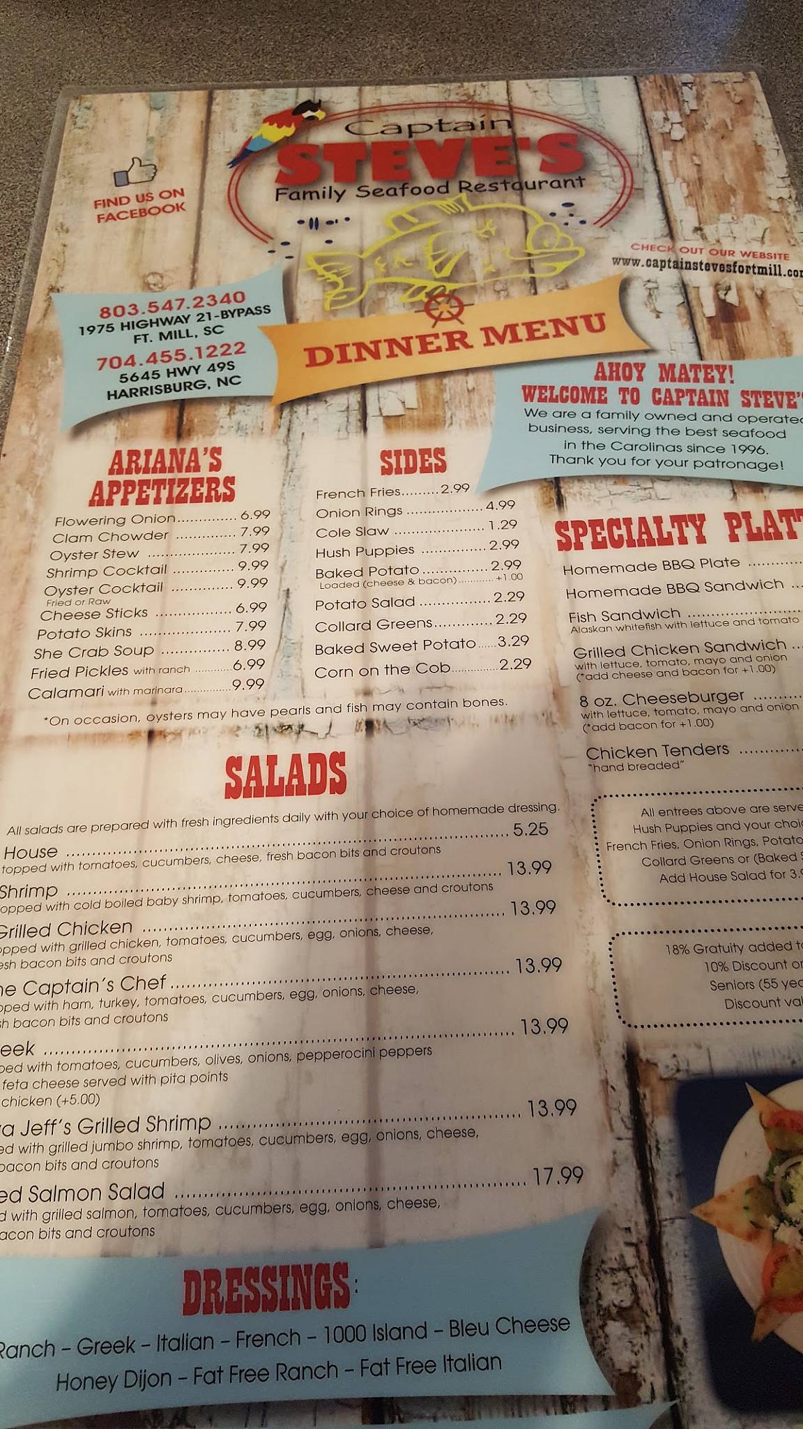 Menu at Captain Steve's Family Seafood Restaurant in Fort Mill, SC ...