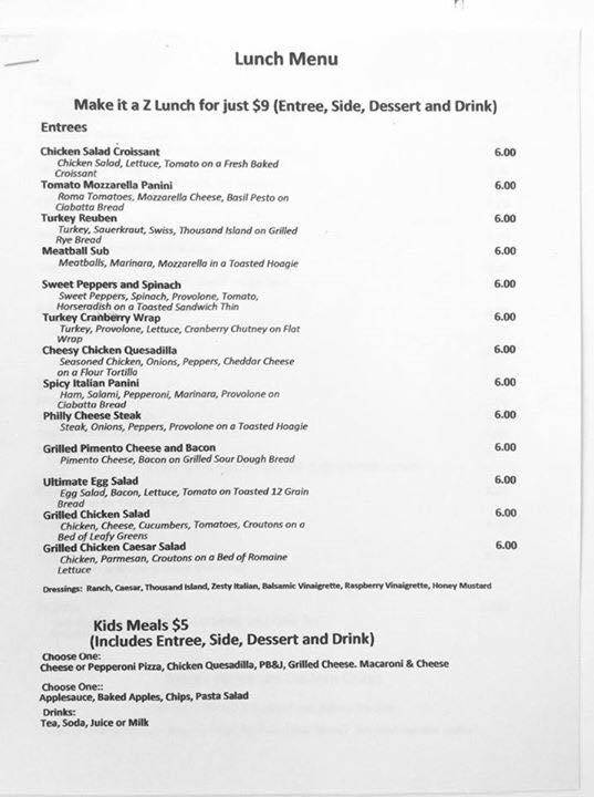 Menu at Z Bakery and Cafe, Fort Mill