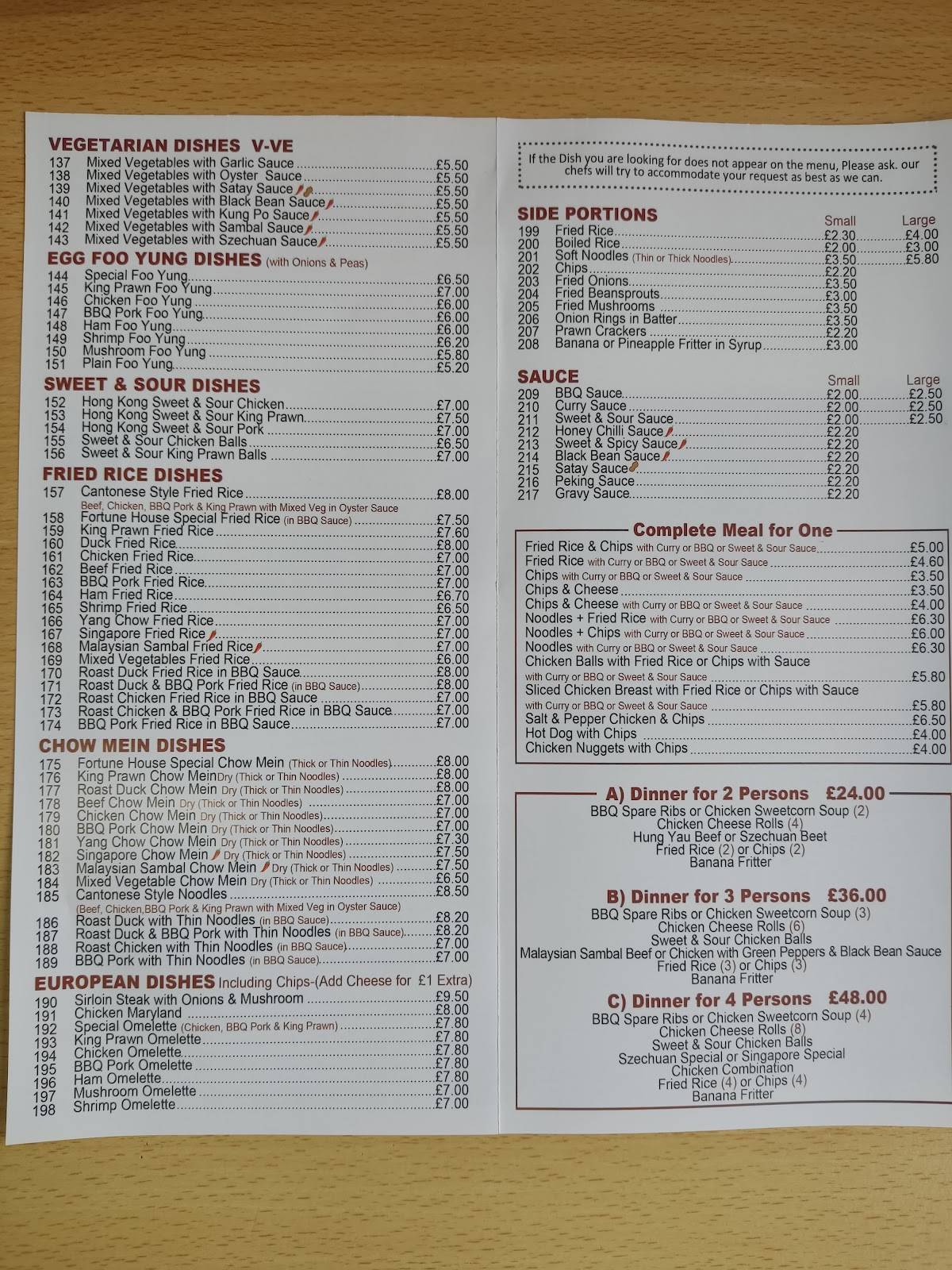 Menu at Fortune House restaurant, Burntisland