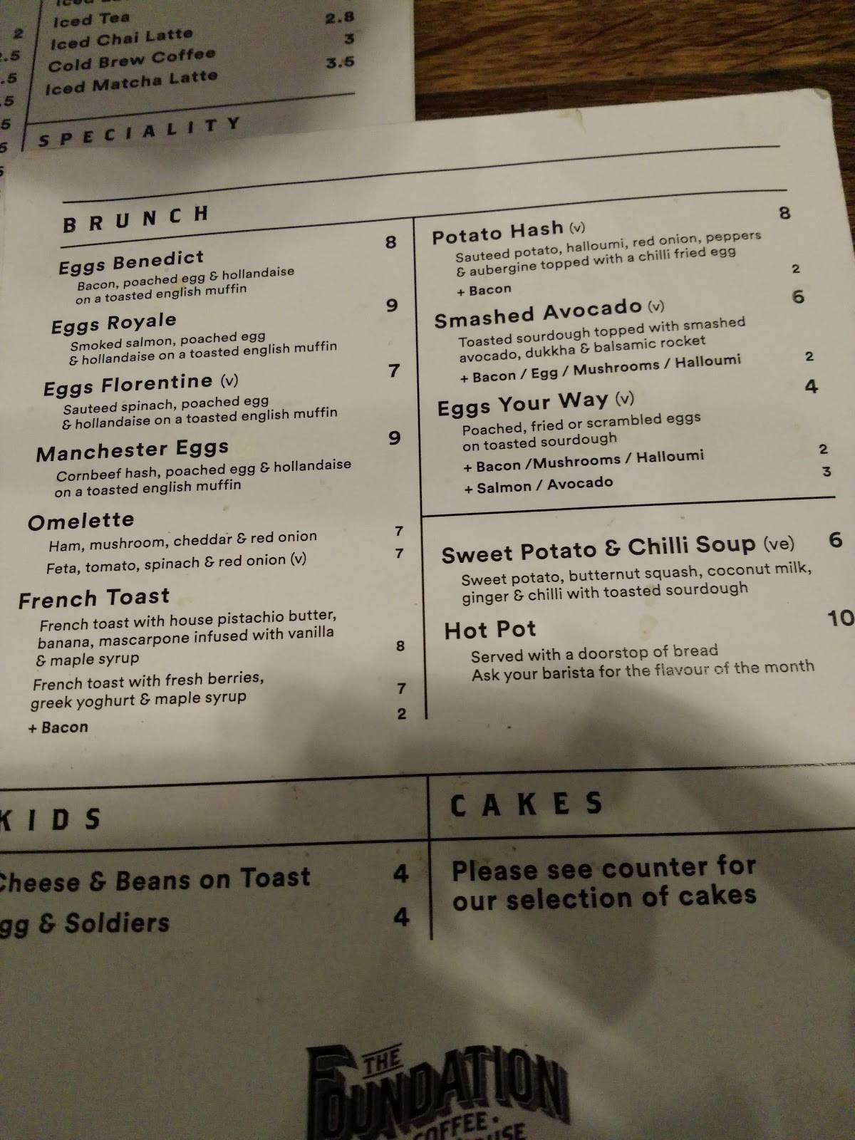 Menu at Foundation Coffee House, Manchester, Sevendale House