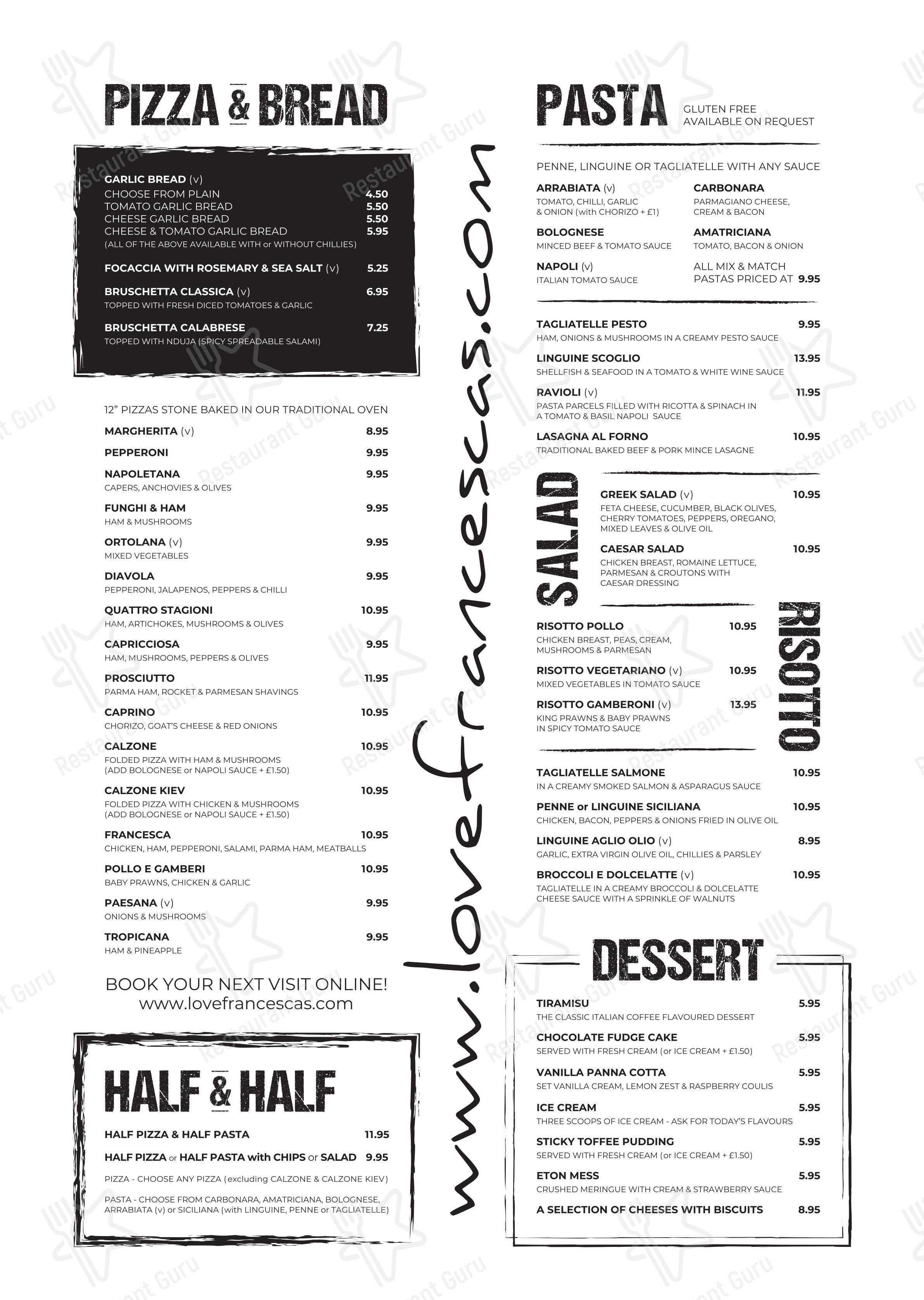 Menu at Francescas Italian Restaurant, Barrow-in-Furness