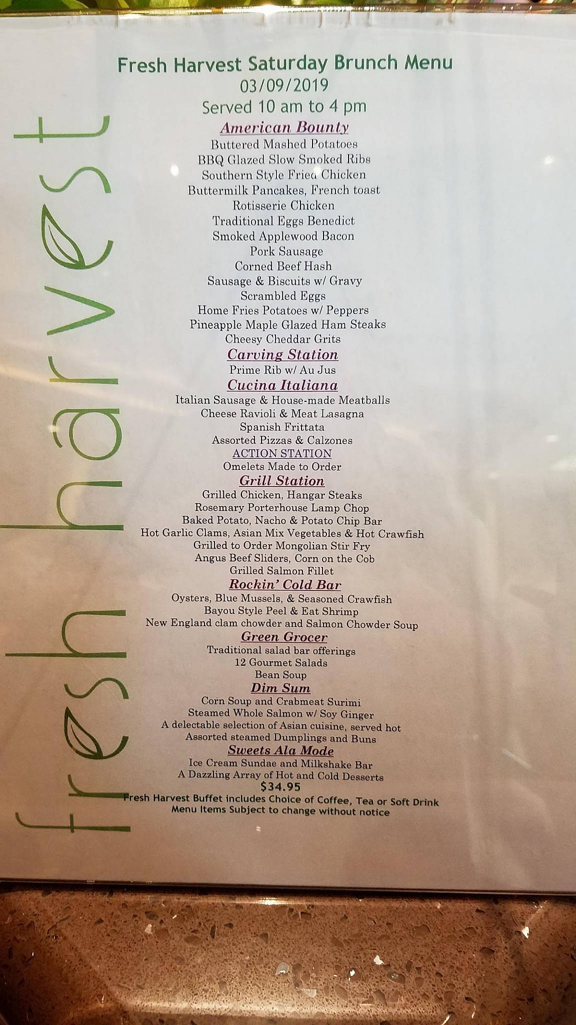 Menu at Fresh Harvest Buffet (in Seminole Hard Rock Tampa) restaurant ...