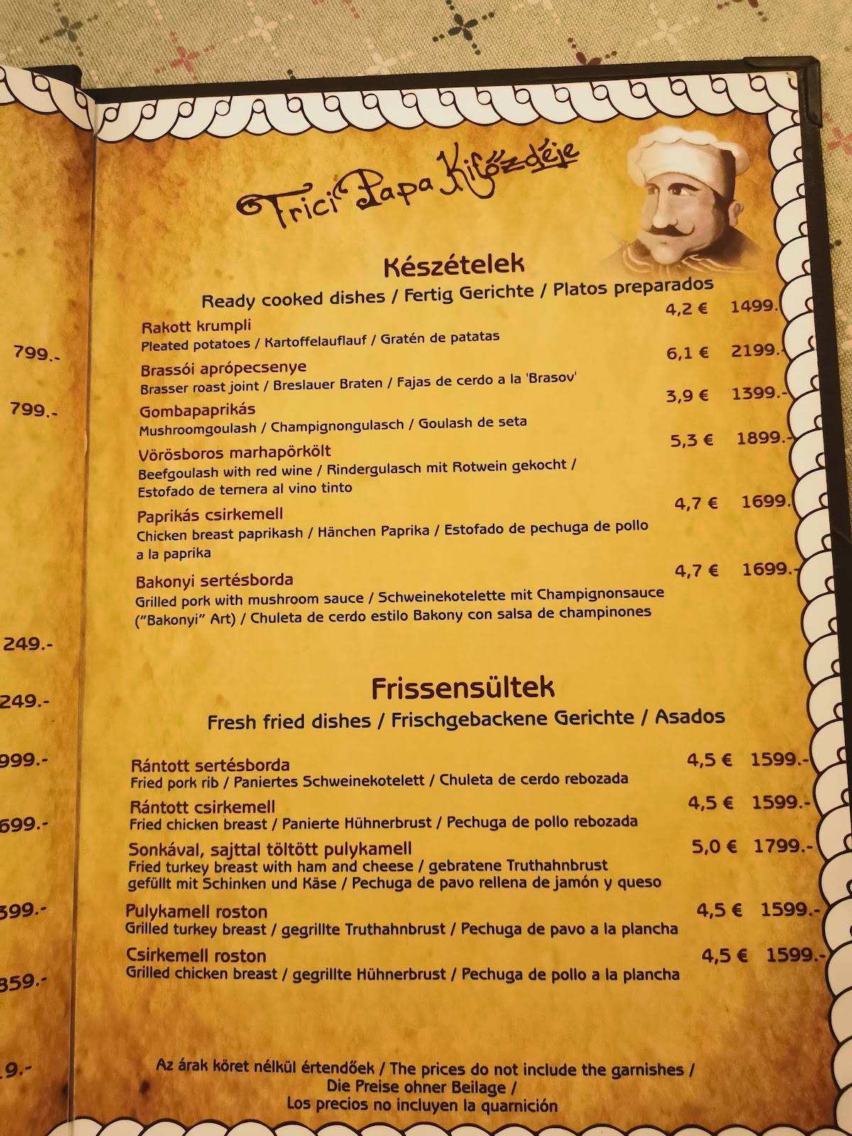 Carta del restaurante Frici Papa, Budapest