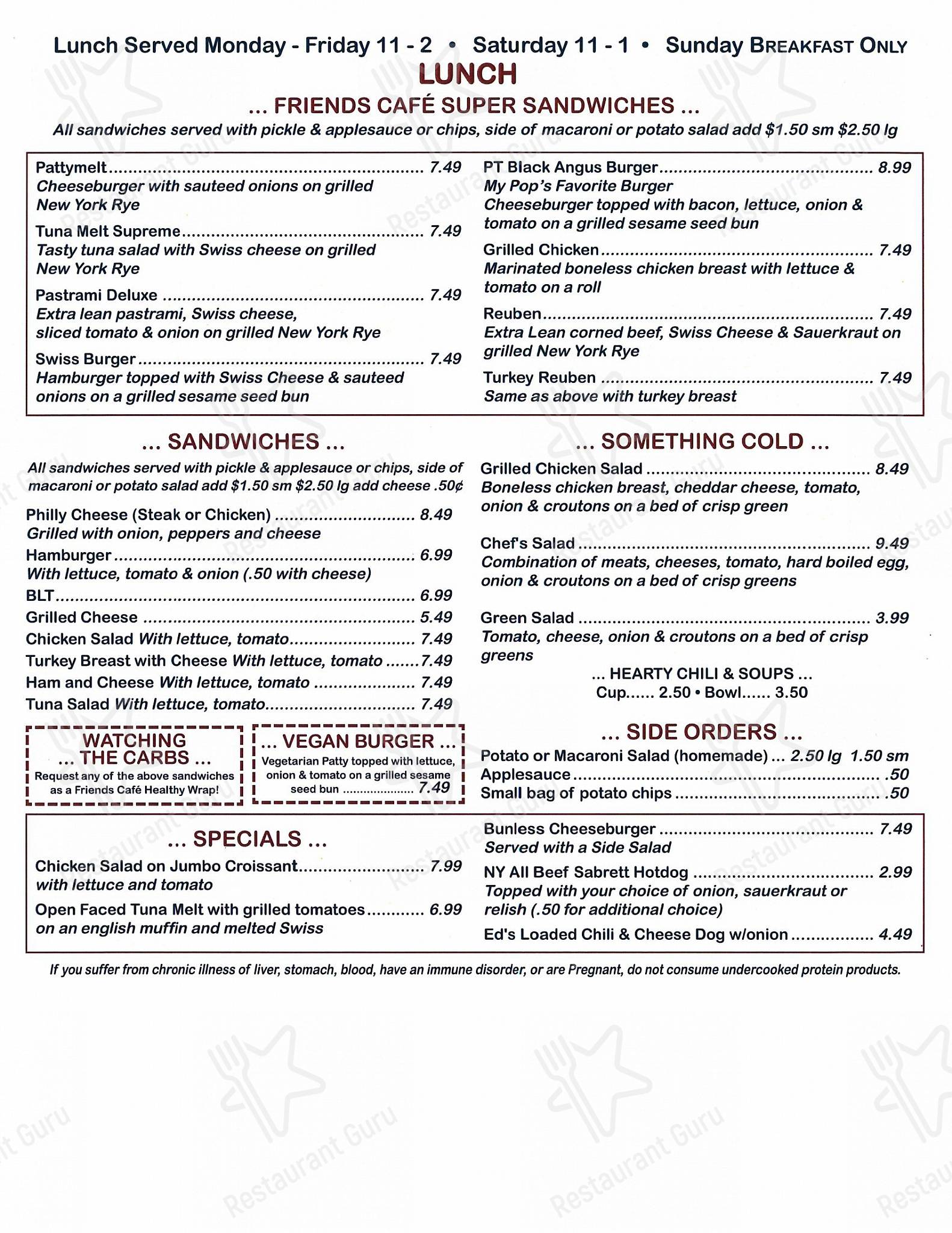 Menu at Friend's Cafe, Flagler Beach