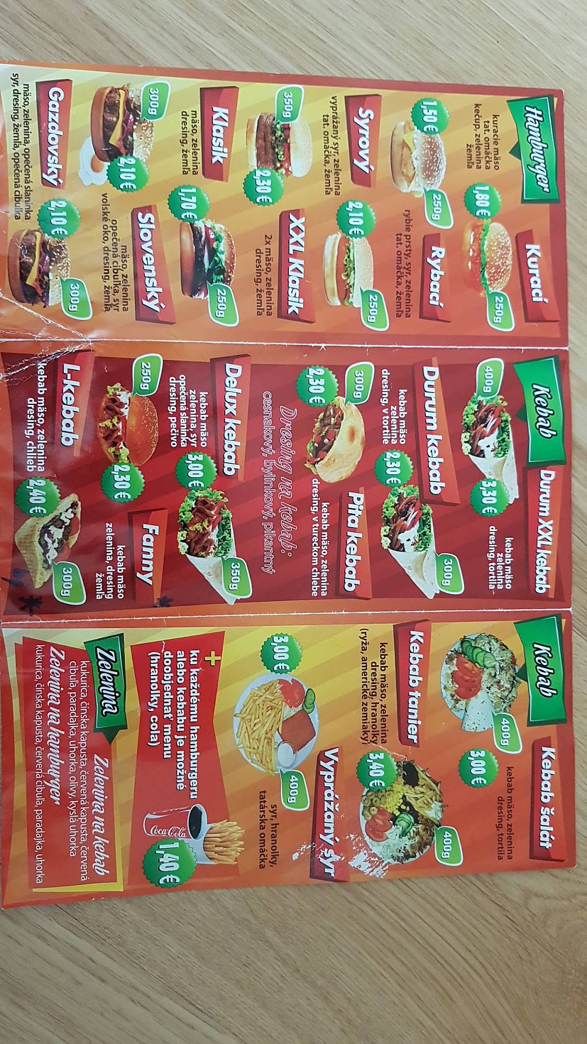 Menu at Funny Burger restaurant, Vranov nad Topľou