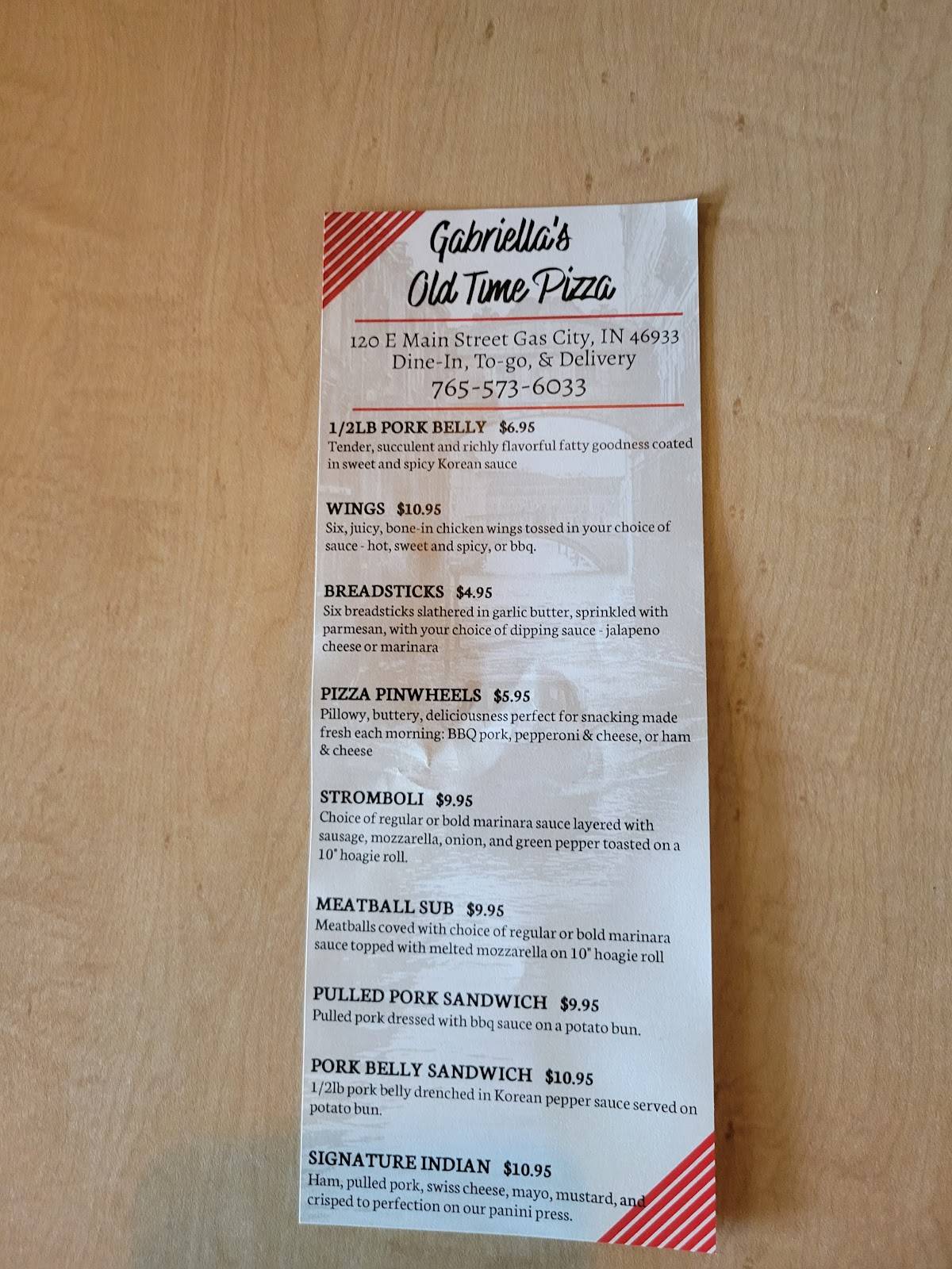 Menu at Gabriella’s Old Time Pizza pizzeria, Gas City
