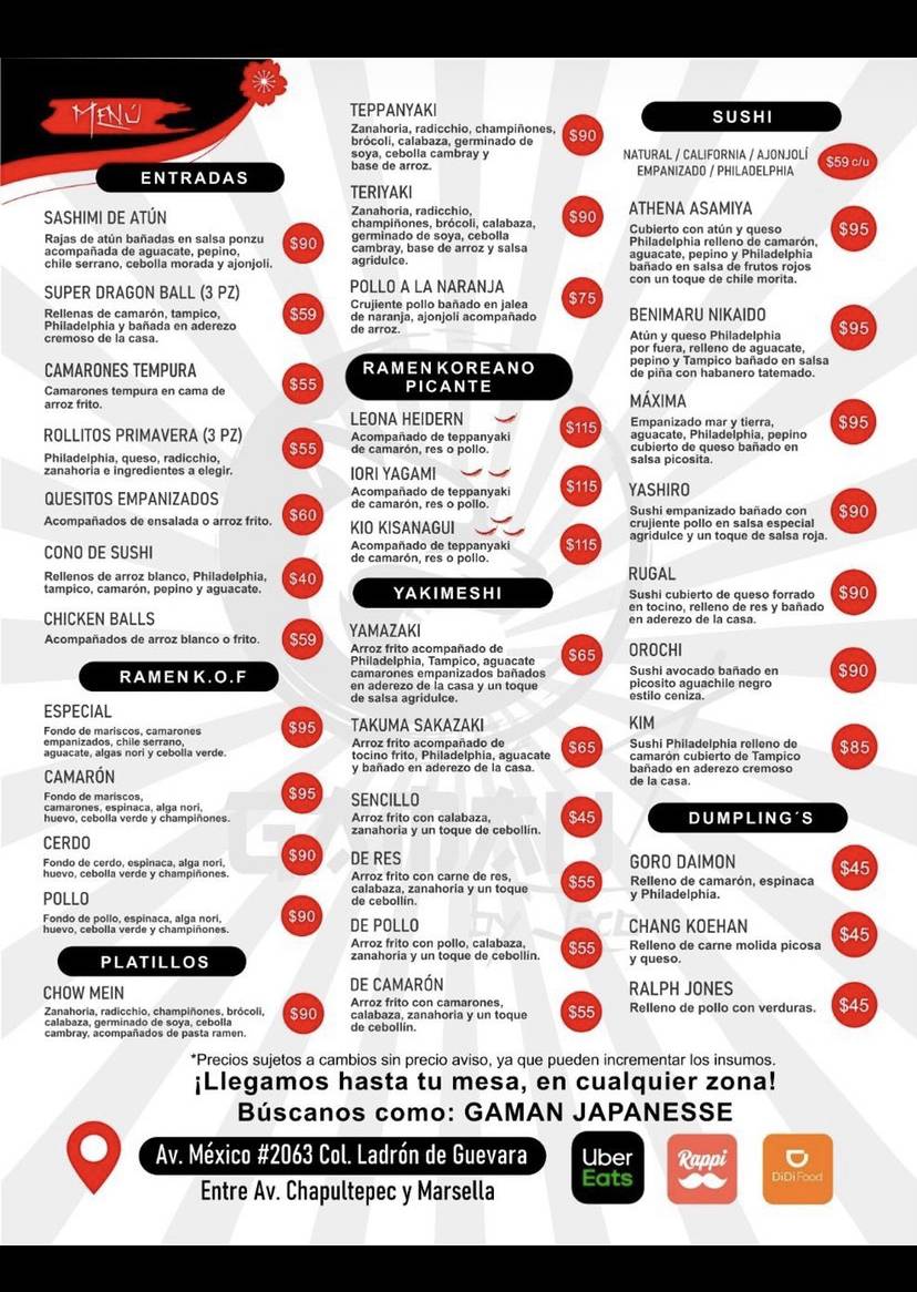 Carta del restaurante Gaman, Guadalajara