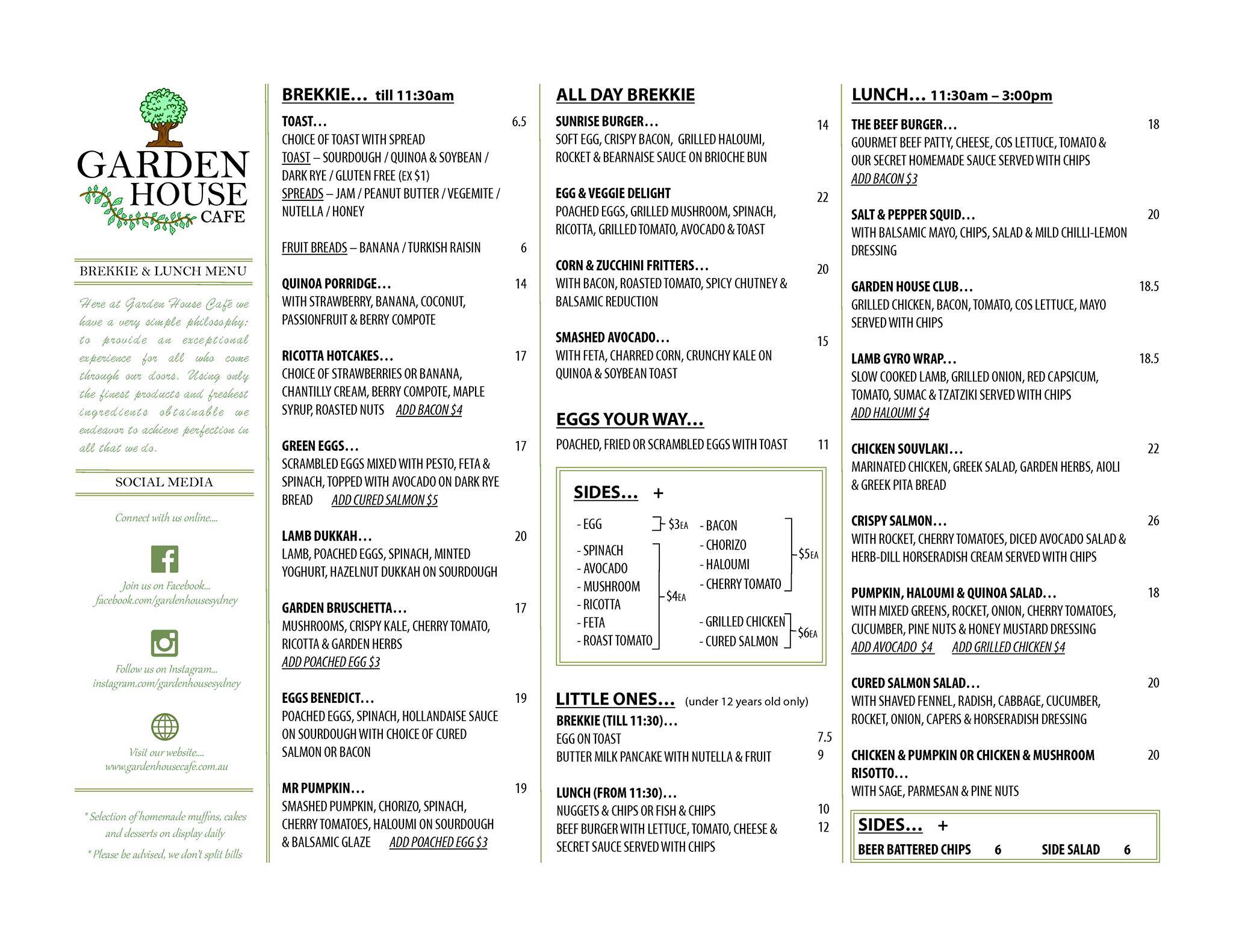 Menu at Garden House Cafe, Enfield