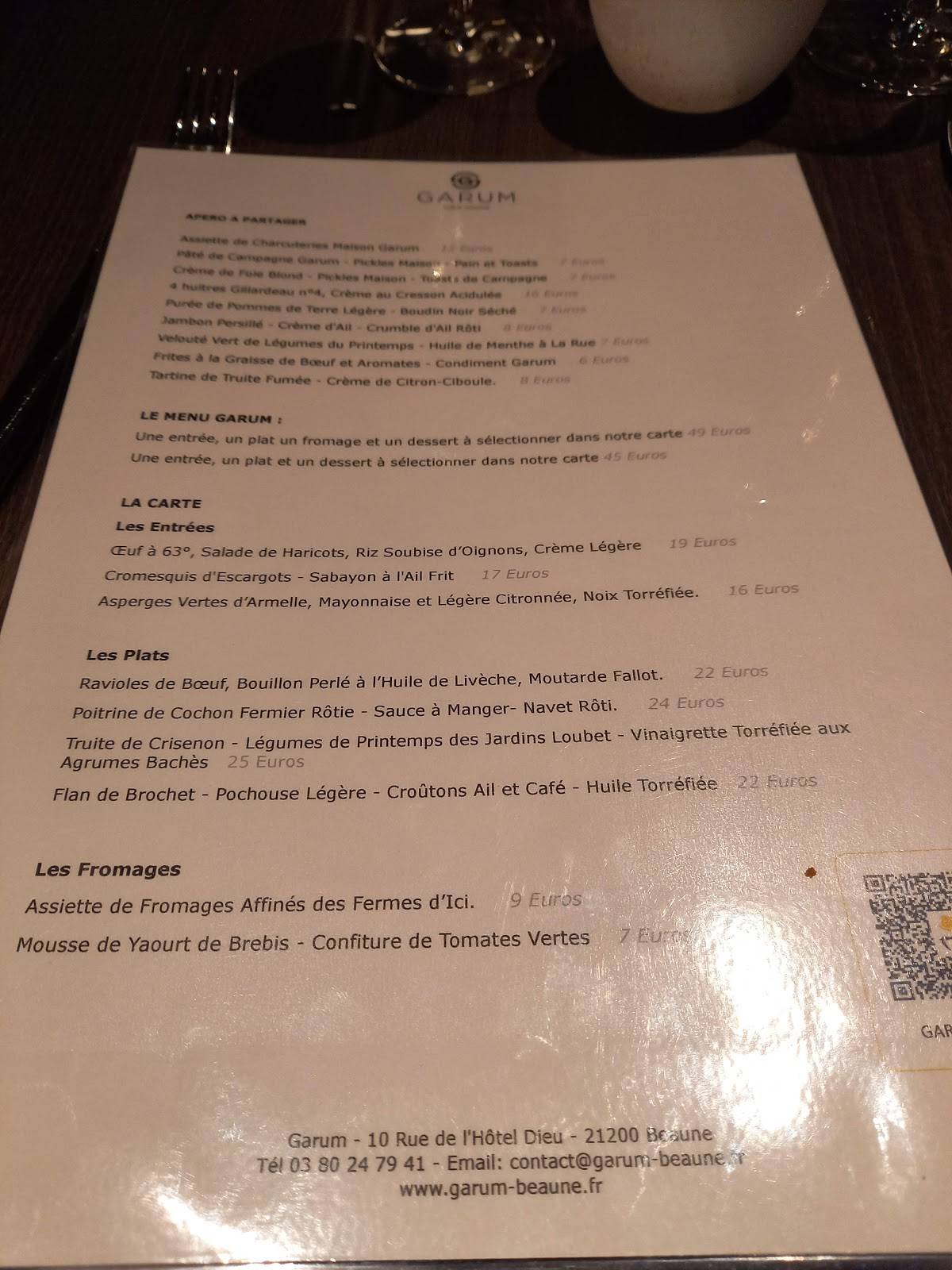Menu at Garum-Table Vivante restaurant, Beaune