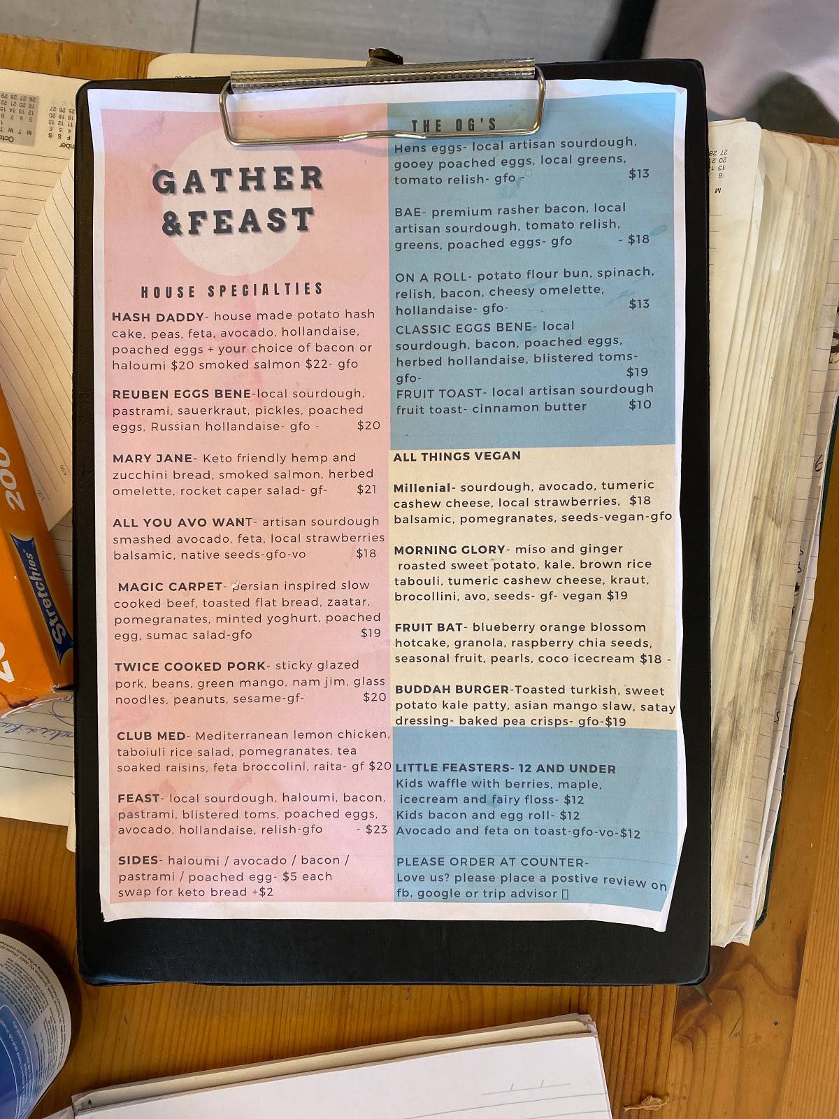 Menu at Gather & Feast cafe, Caboolture