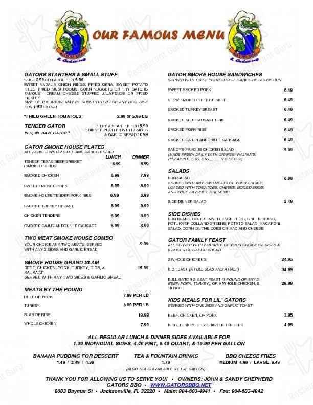 Menu at Gators BBQ, Jacksonville