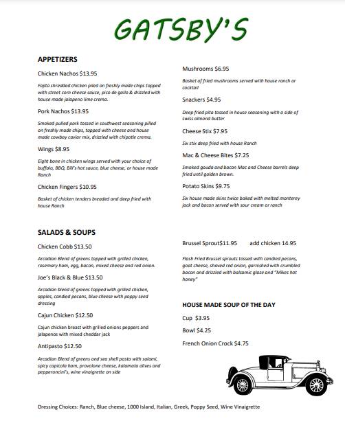 Menu at Gatsby's pub & bar, Novi