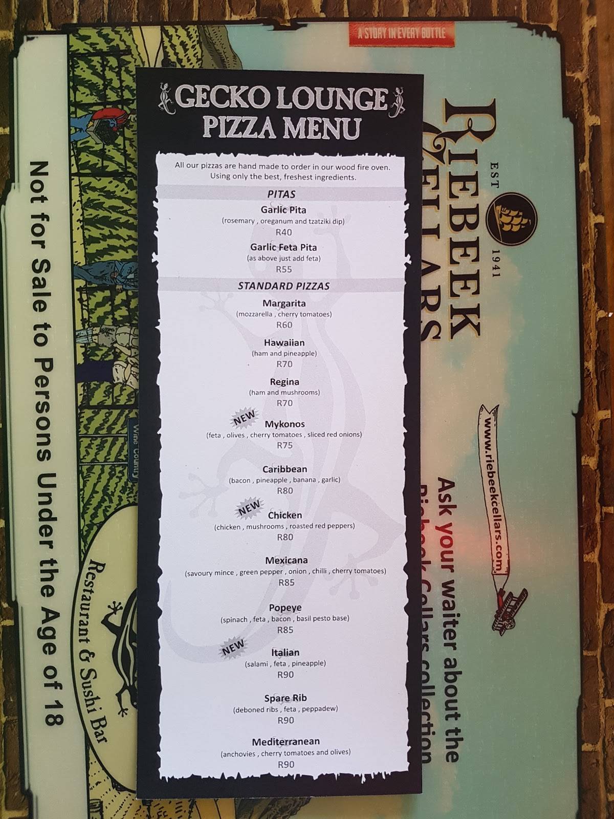 Menu at Gecko Lounge Wellington restaurant, Wellington, 41 Main Road