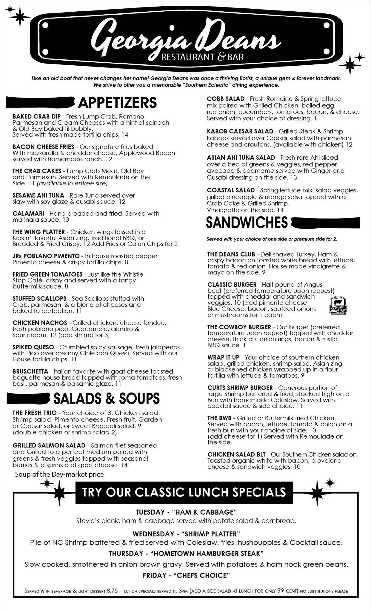 Menu at Georgia Deans restaurant & bar, Williamston