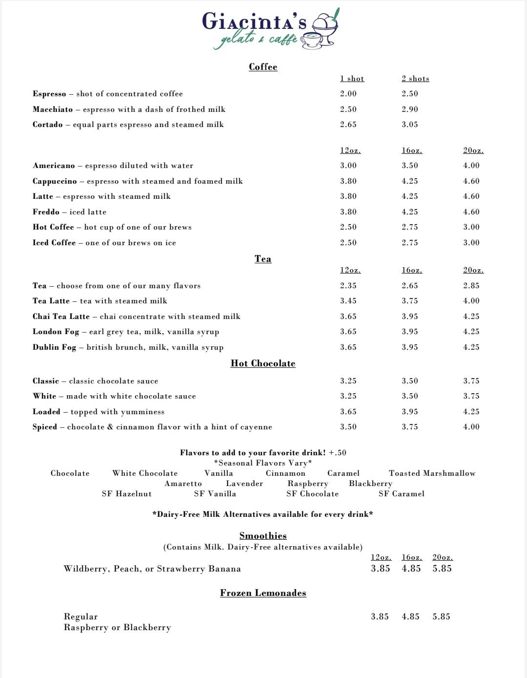 Menu at Giacinta's Gelato & Caffe cafe, Saint Clairsville