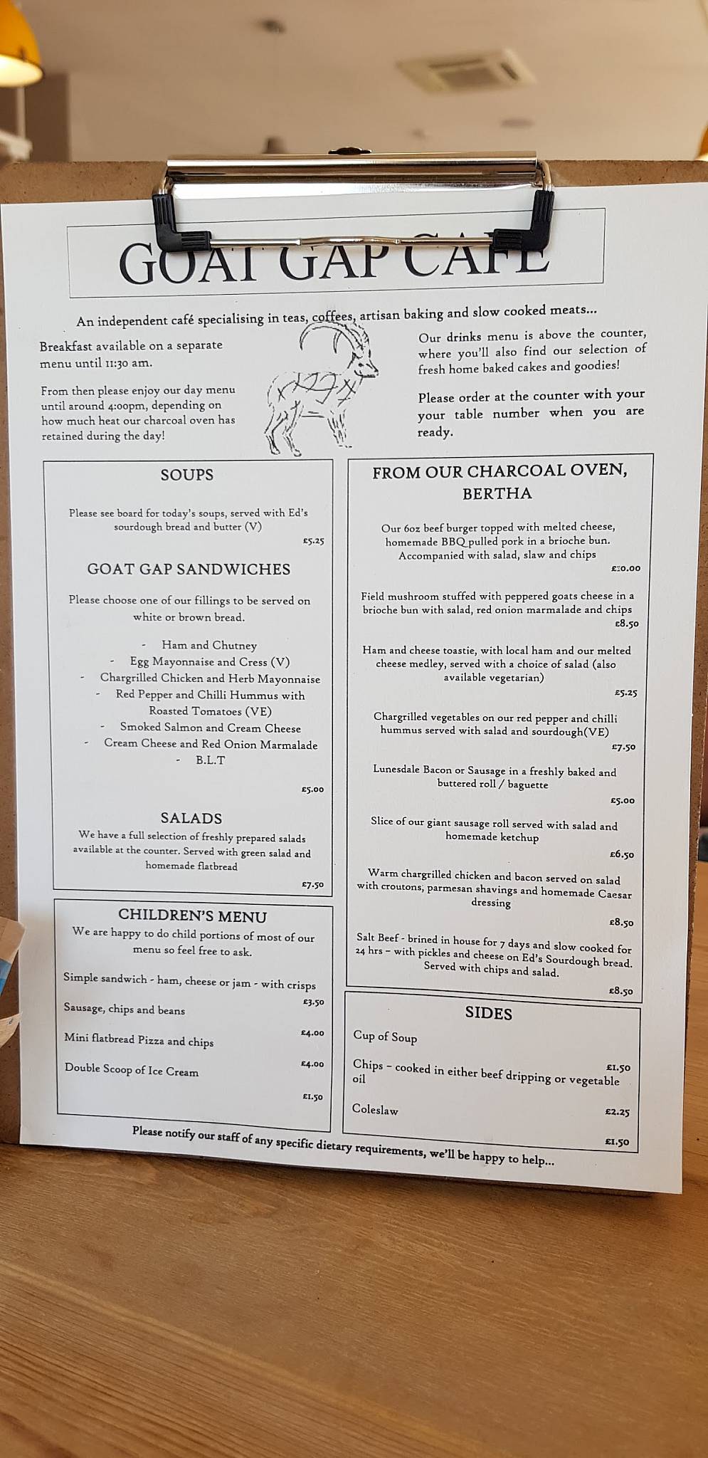 Menu at Goat Gap Cafe, Clapham cum Newby