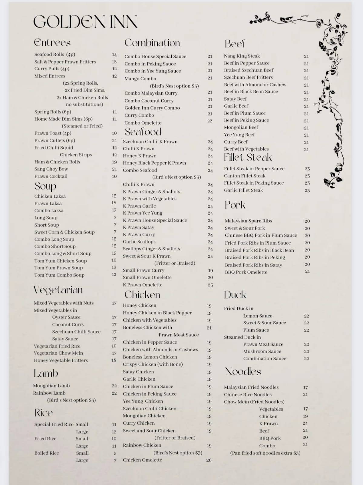 Menu at Golden Inn Chinese Restaurant, Laurieton
